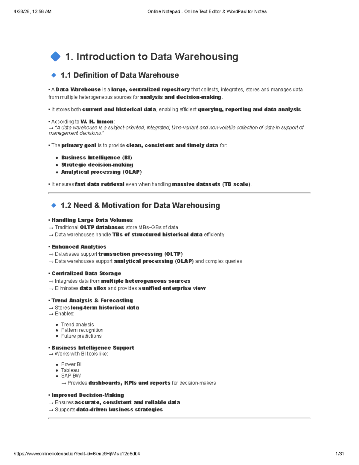 Unit 1: Introduction to Data Warehousing (DWDM) - Studocu