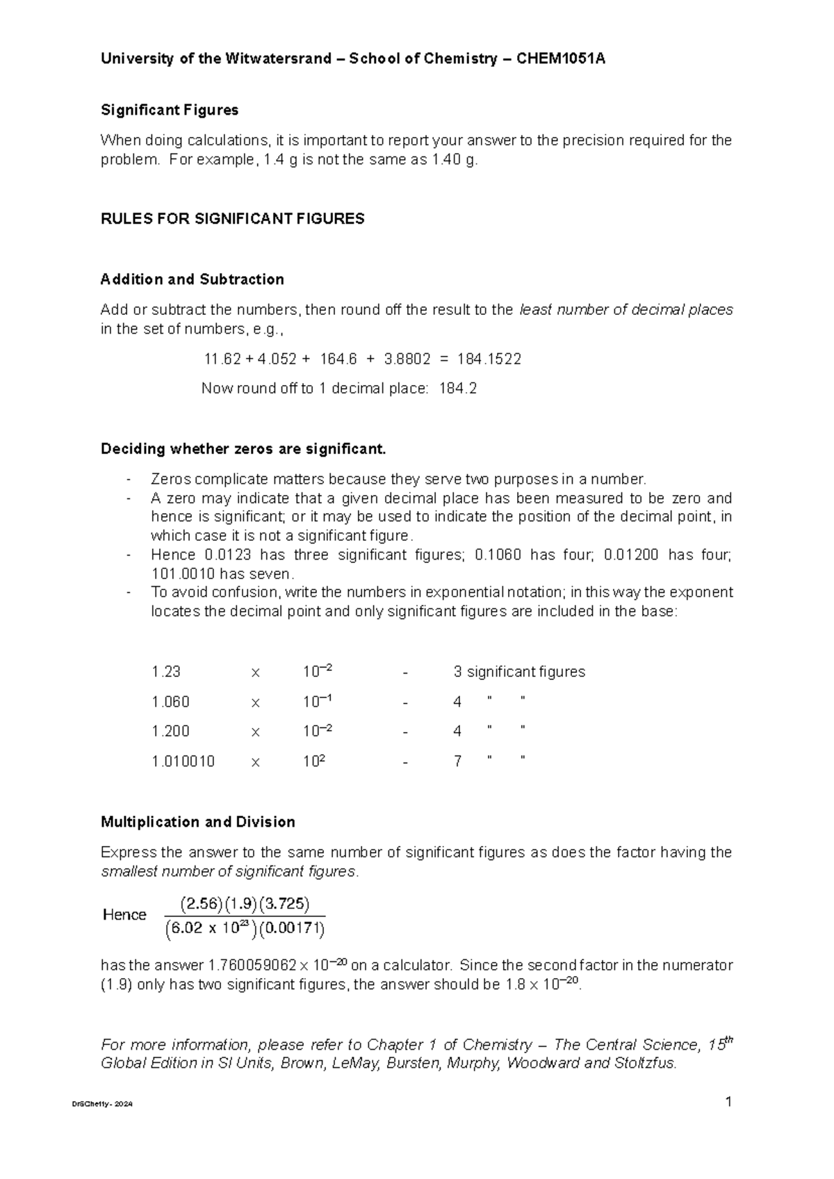 CHEM1051A Significant Figures - 1st Year Study Notes - Studocu