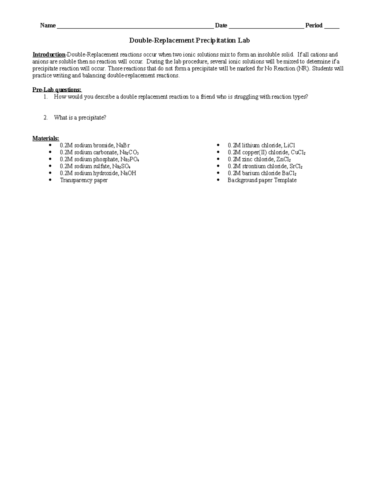Chemistry lab: Precipitation reactions and double replacement (CHEM 101 ...