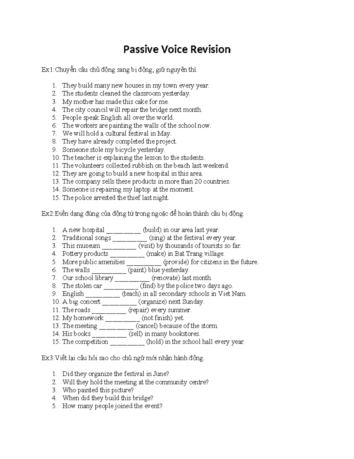 Passive Voice Revision Exercises: Chuyển Câu Chủ Động Sang Bị Động ...