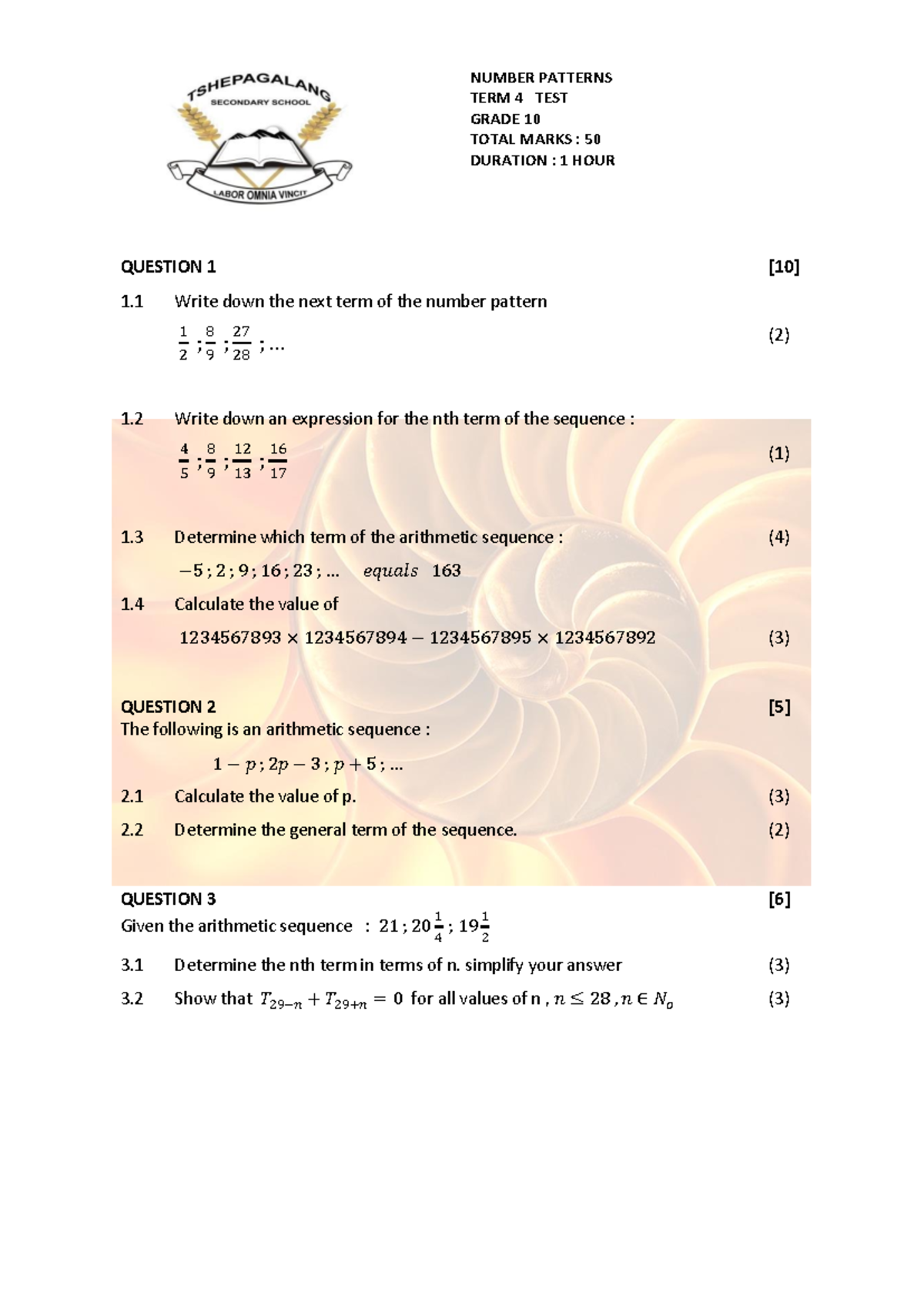 Number Patterns Test 2 - Grade 10 Maths Term 4 - Studocu