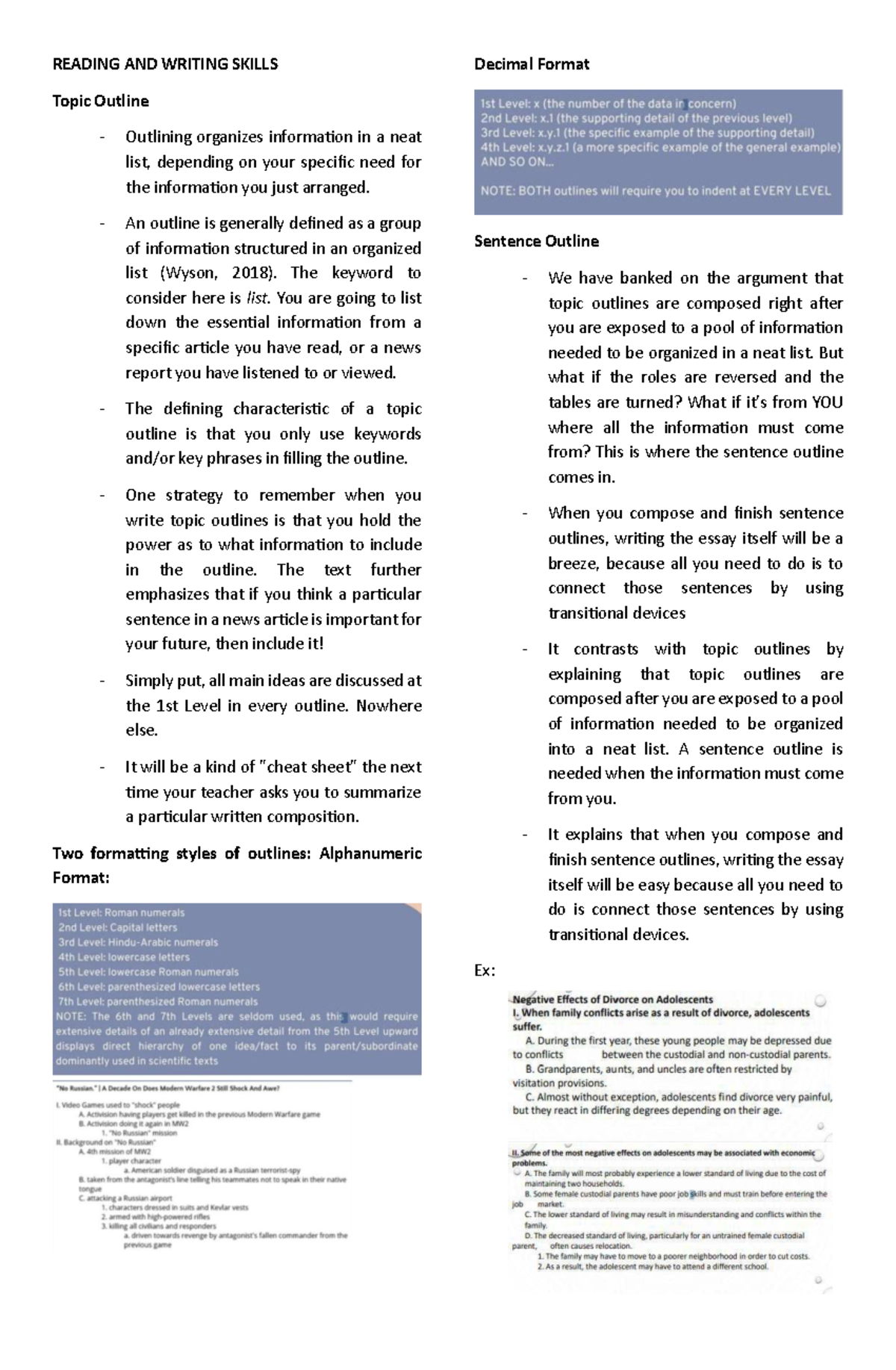 READING AND WRITING SKILLS: Topic and Sentence Outlining Techniques ...