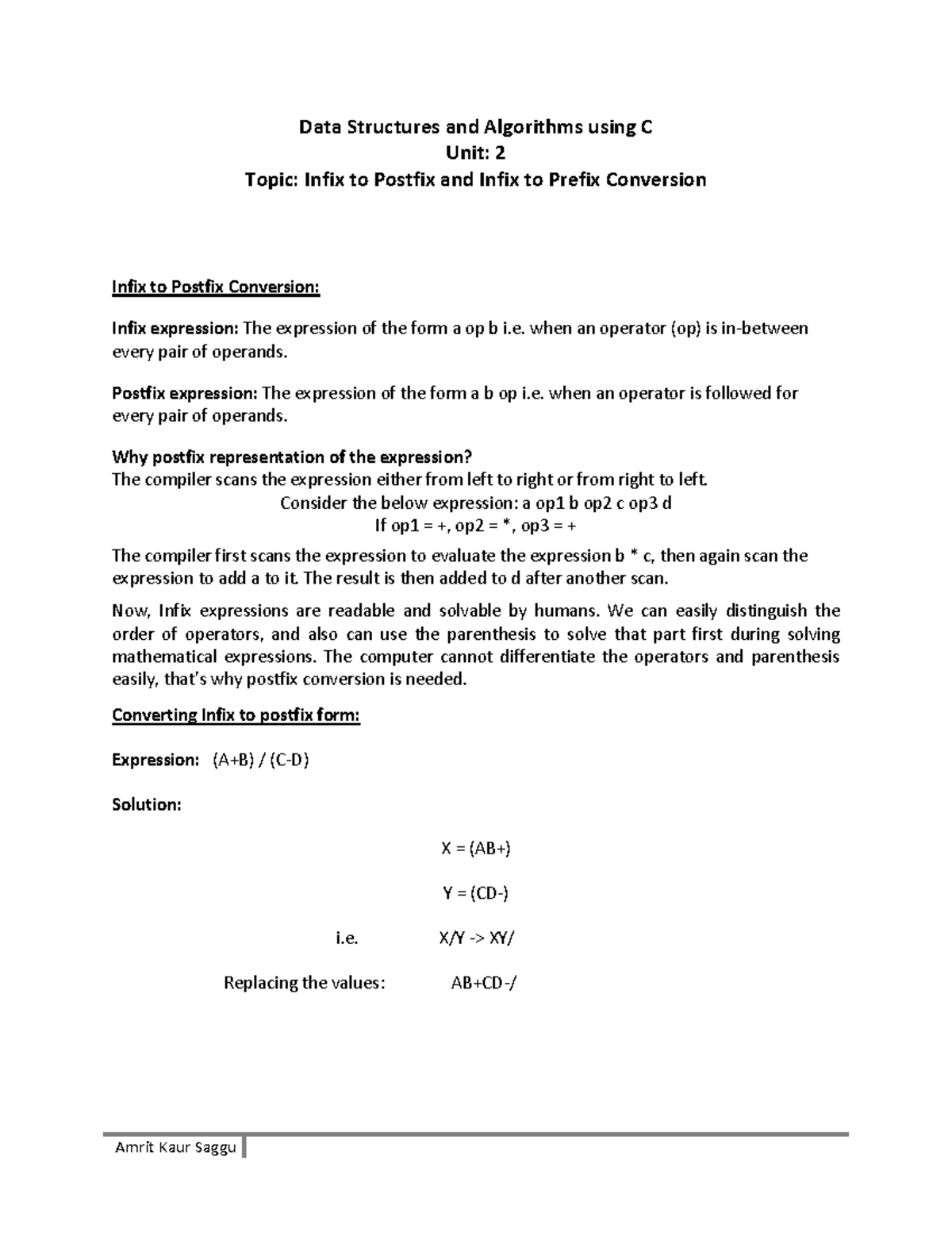 Infix to Postfix & Prefix Conversion in Data Structures (CS101) - Studocu