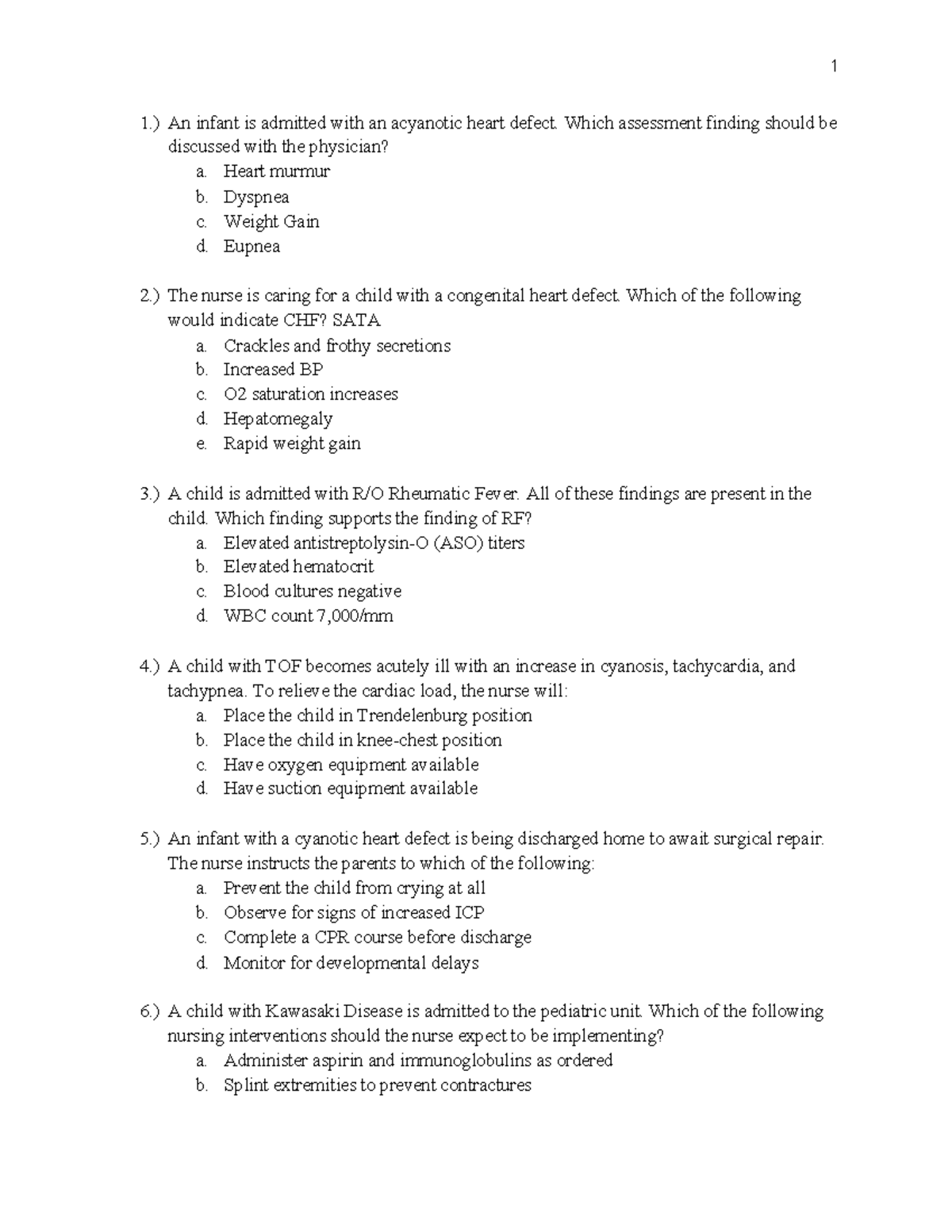 Perfusion Questions - Pediatric Cardiac Defects Study Guide - Studocu