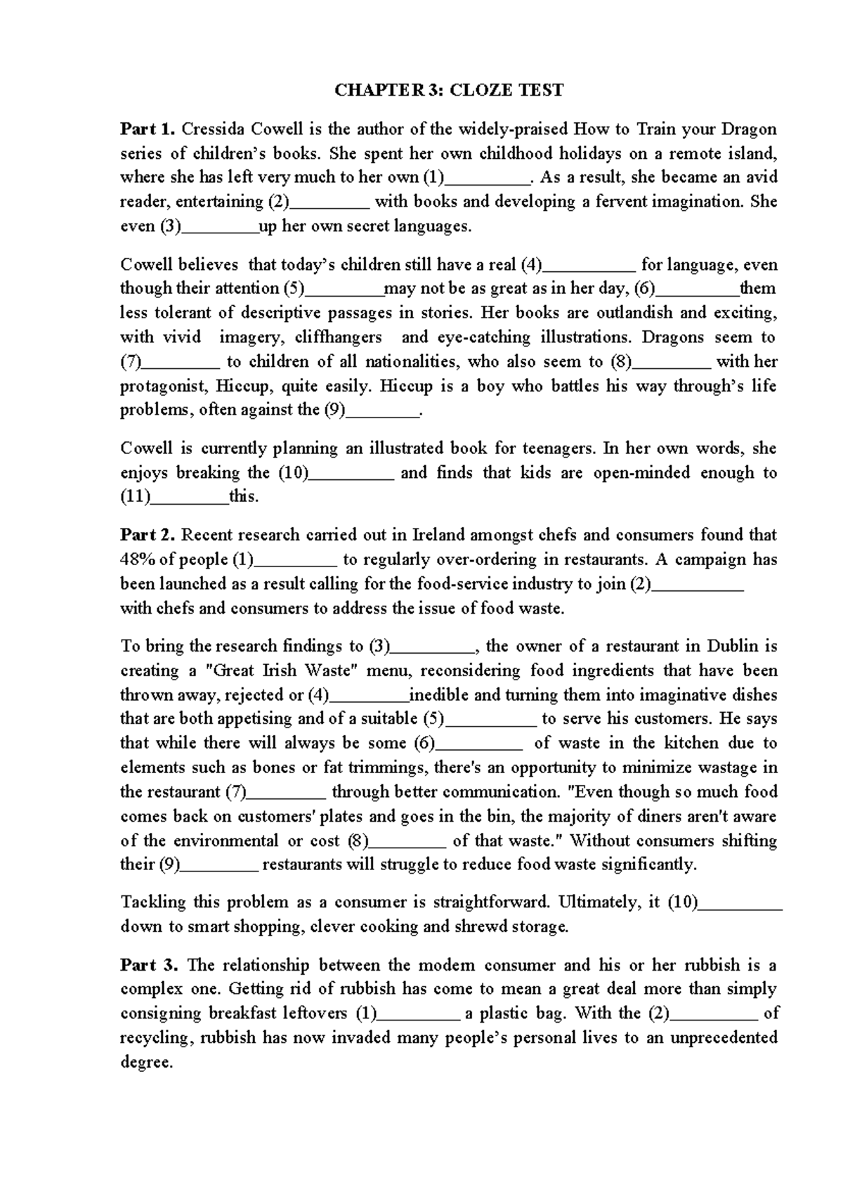 CHAPTER 3: CLOZE TEST Part 1 - Language and Environmental Awareness ...
