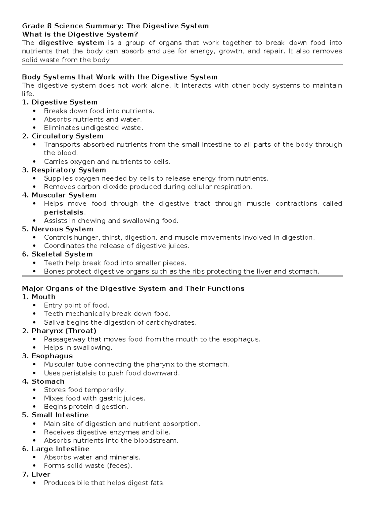 Grade 8 Science Summary: The Digestive System Overview - Studocu