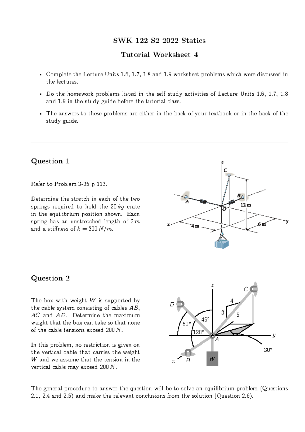 Tutorial Worksheet 4 - SWK 122 S2 2022 Statics Tutorial Worksheet 4 ...
