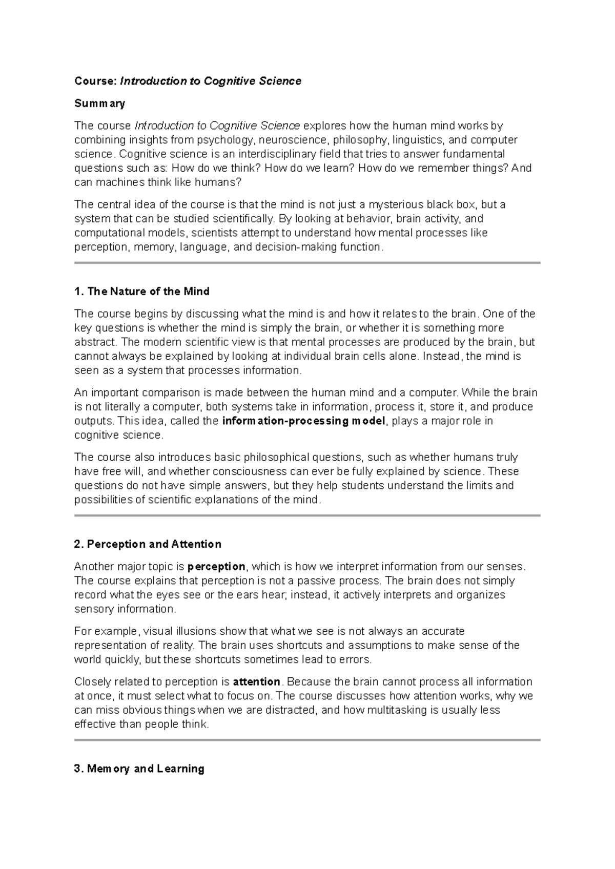 Cognitive Science Summary: Insights from PSY 101 and Neuroscience ...