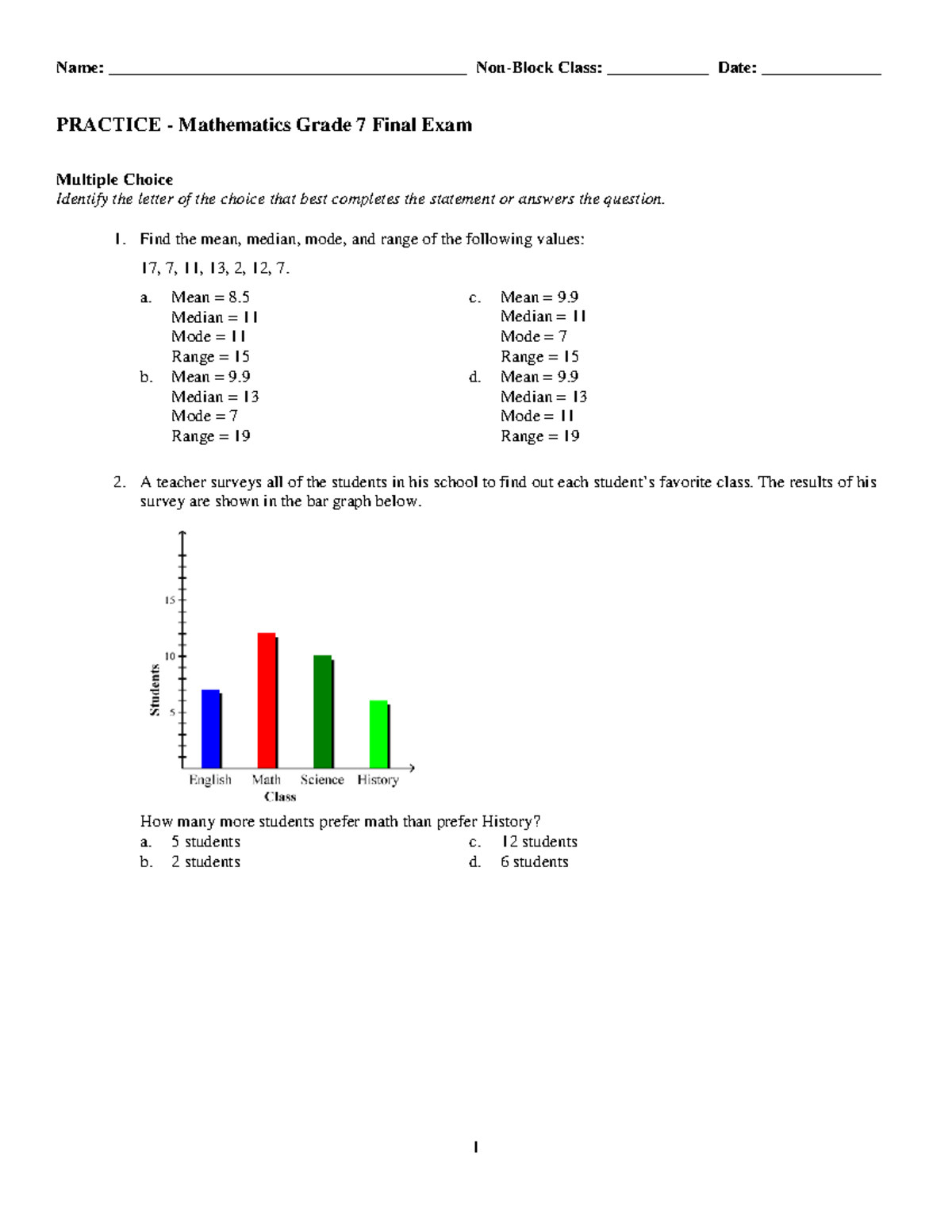 Mathematics Grade 7 Practice Final Exam Review 2023 - Studocu