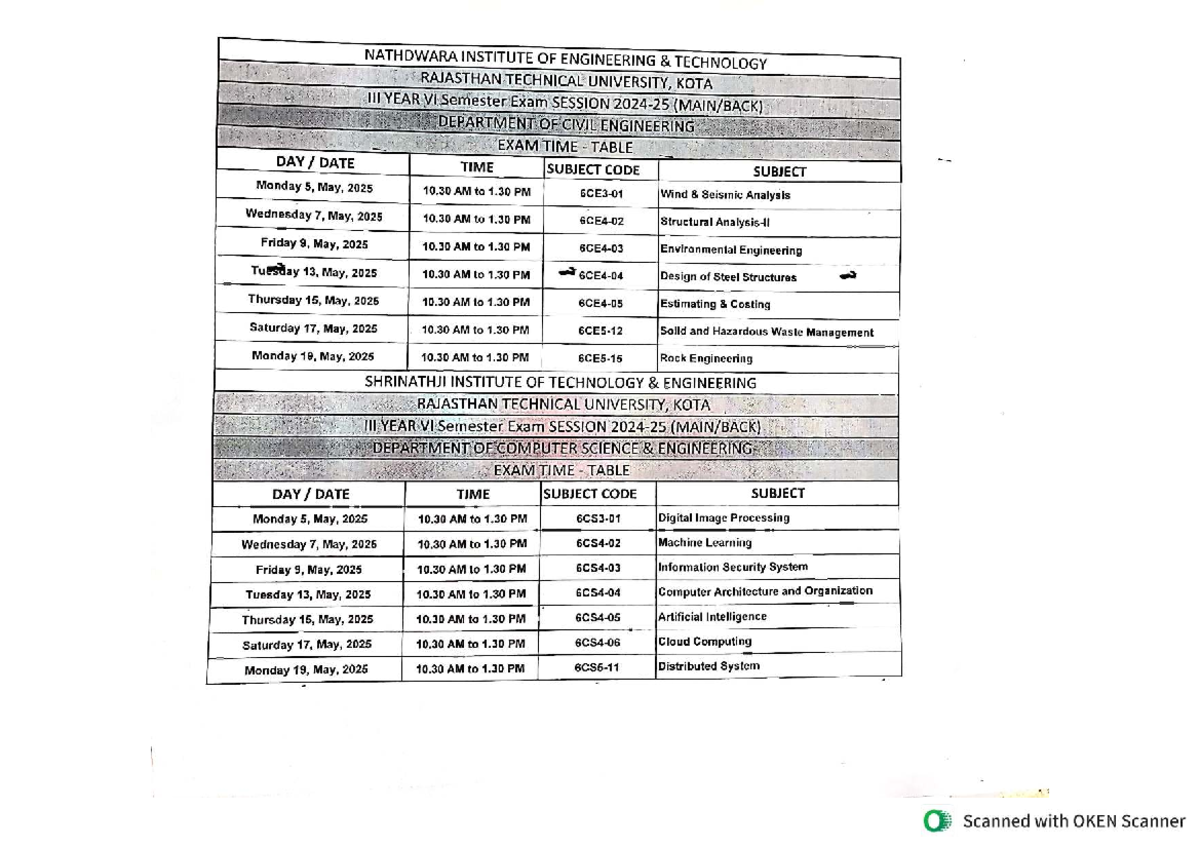 RTU VI Sem Main Exam Time Table - Civil, CSE, EE & ME Departments - Studocu