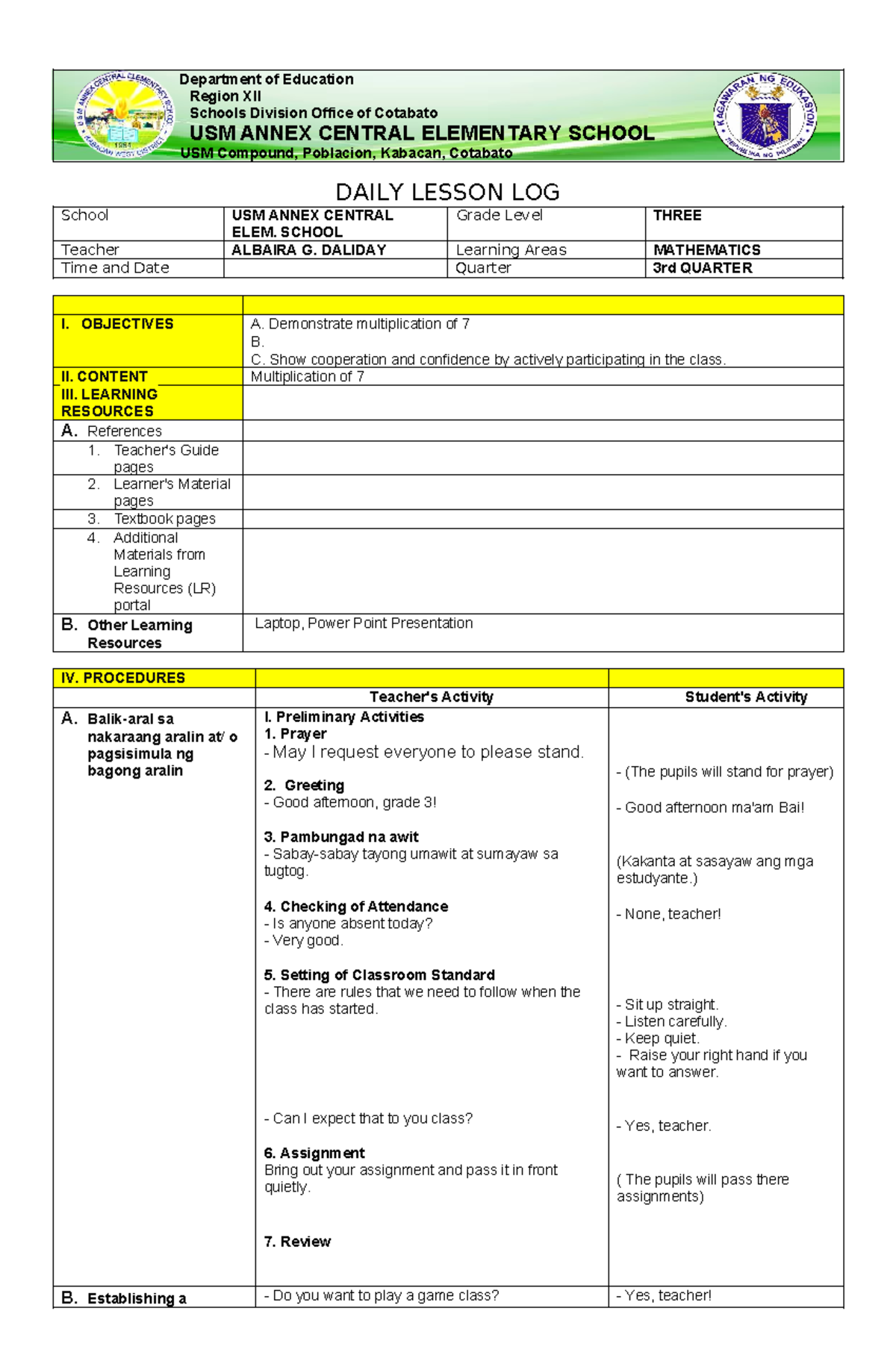 Math 3 - Daily Lesson Log for Multiplication of 7 - Studocu