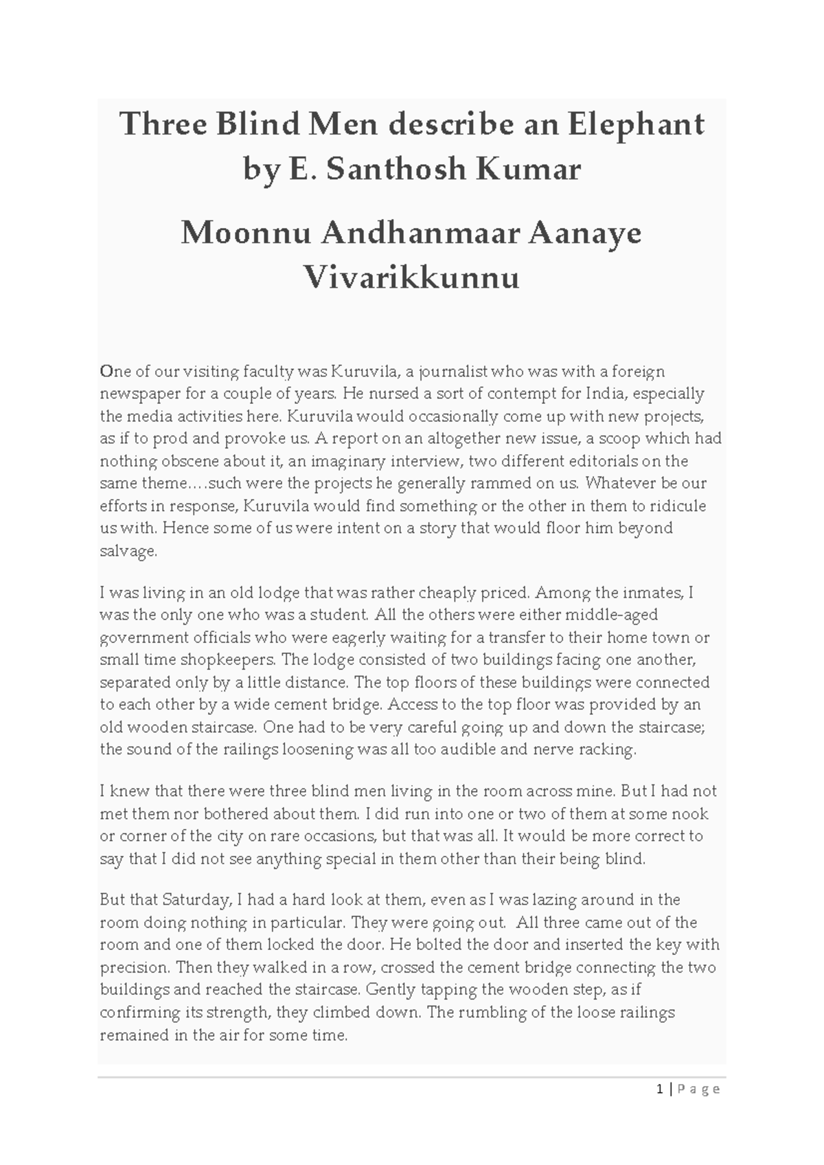 Three Blind Men and the Elephant: A Study - E. Santhosh Kumar - Studocu