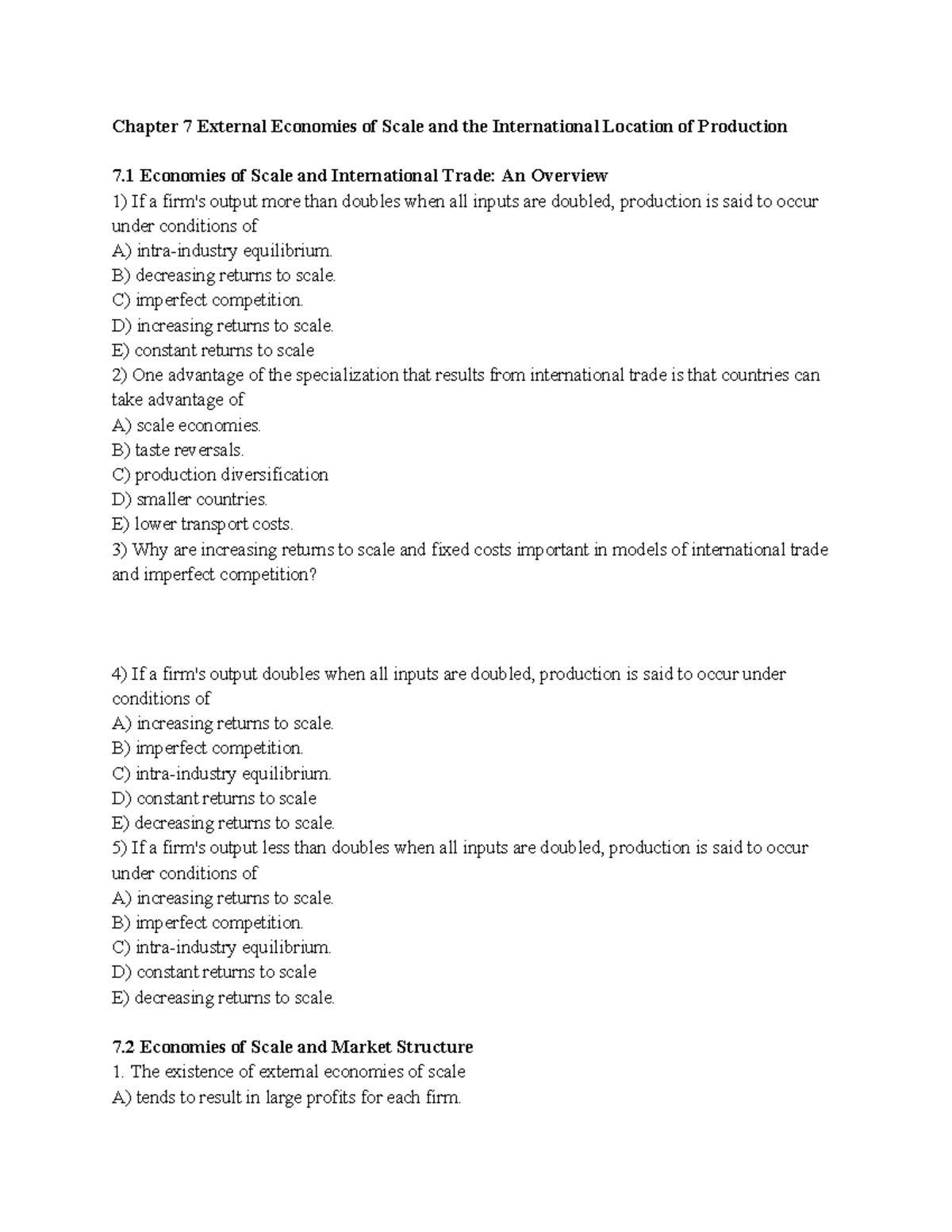 Chapter 7: External Economies of Scale & International Trade MCQs - Studocu