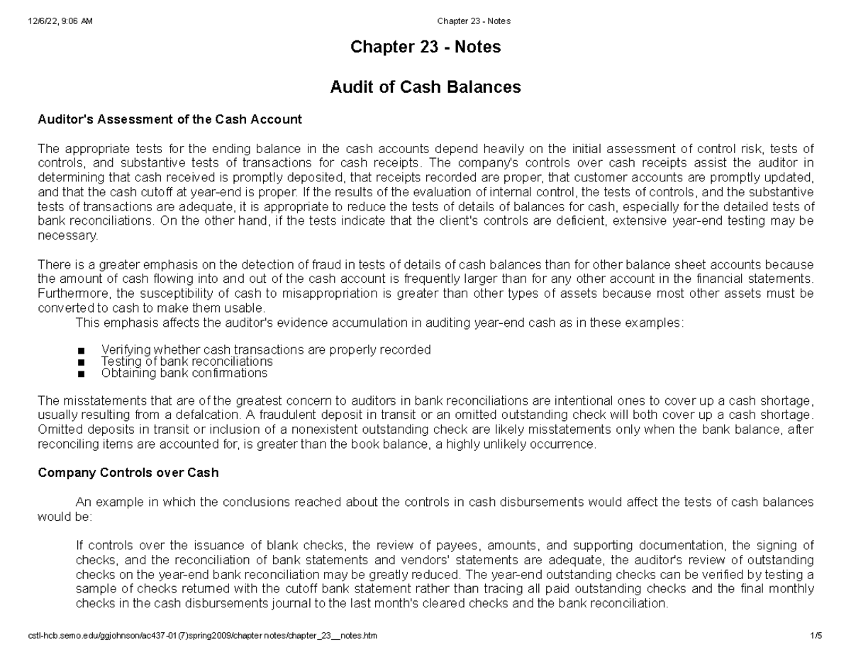 Chapter 23 - Audit of Cash Balance - Comprehensive Study Notes - Studocu