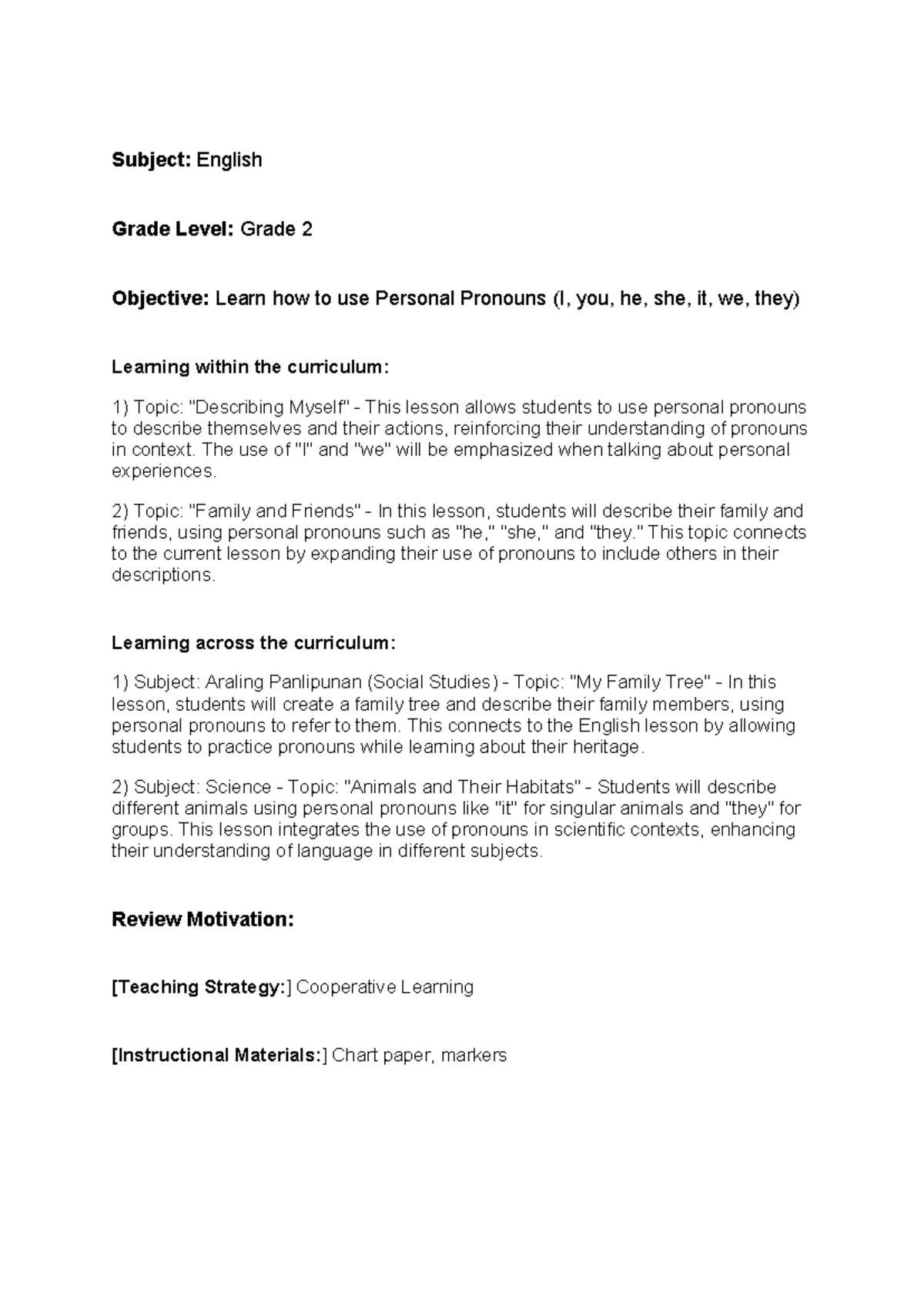 Lesson Plan - Personal Pronouns for Grade 2 (LP 2) - Studocu