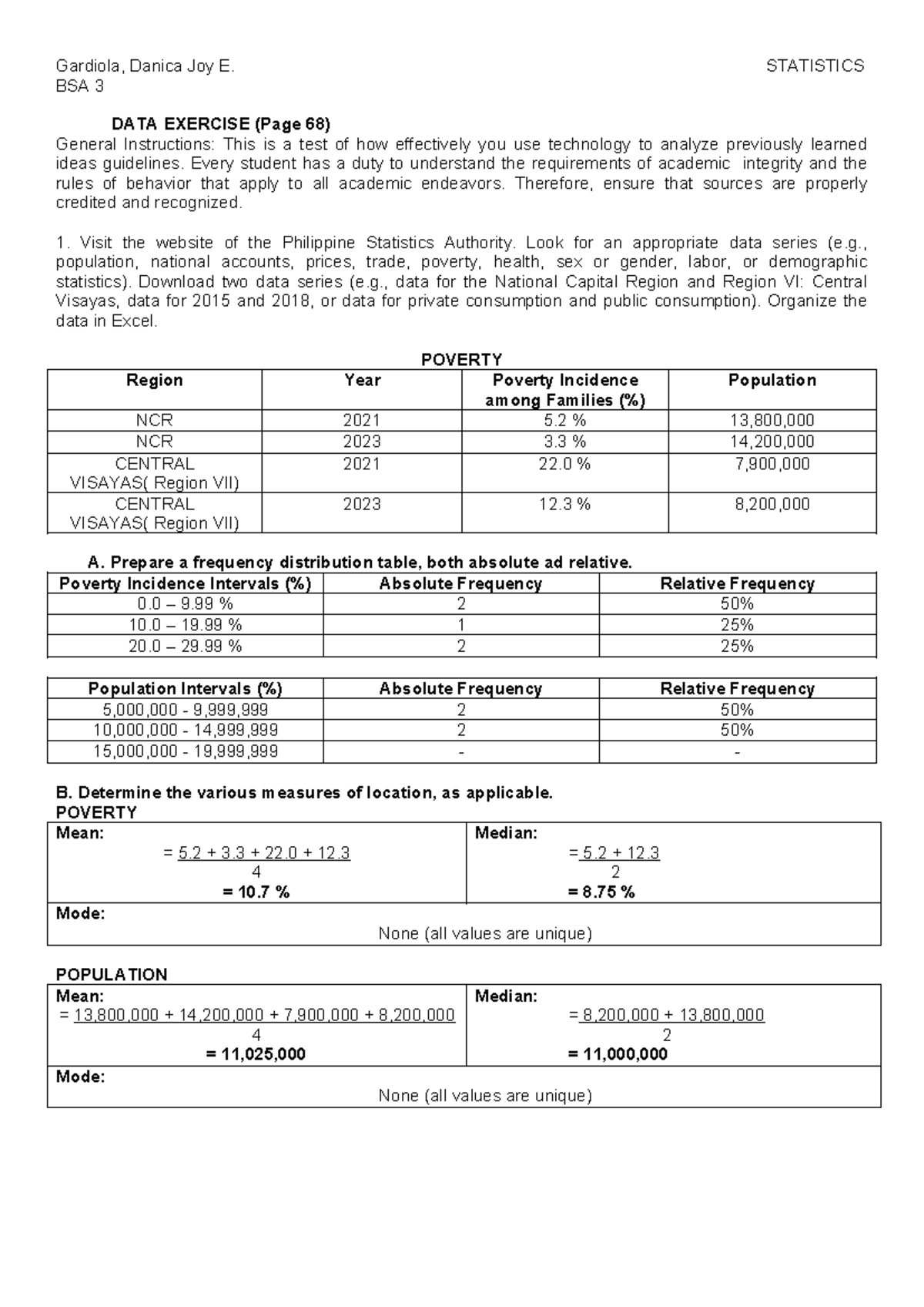BSA 3 Statistics Data Exercise: Analysis & Interpretation (Page 68 ...