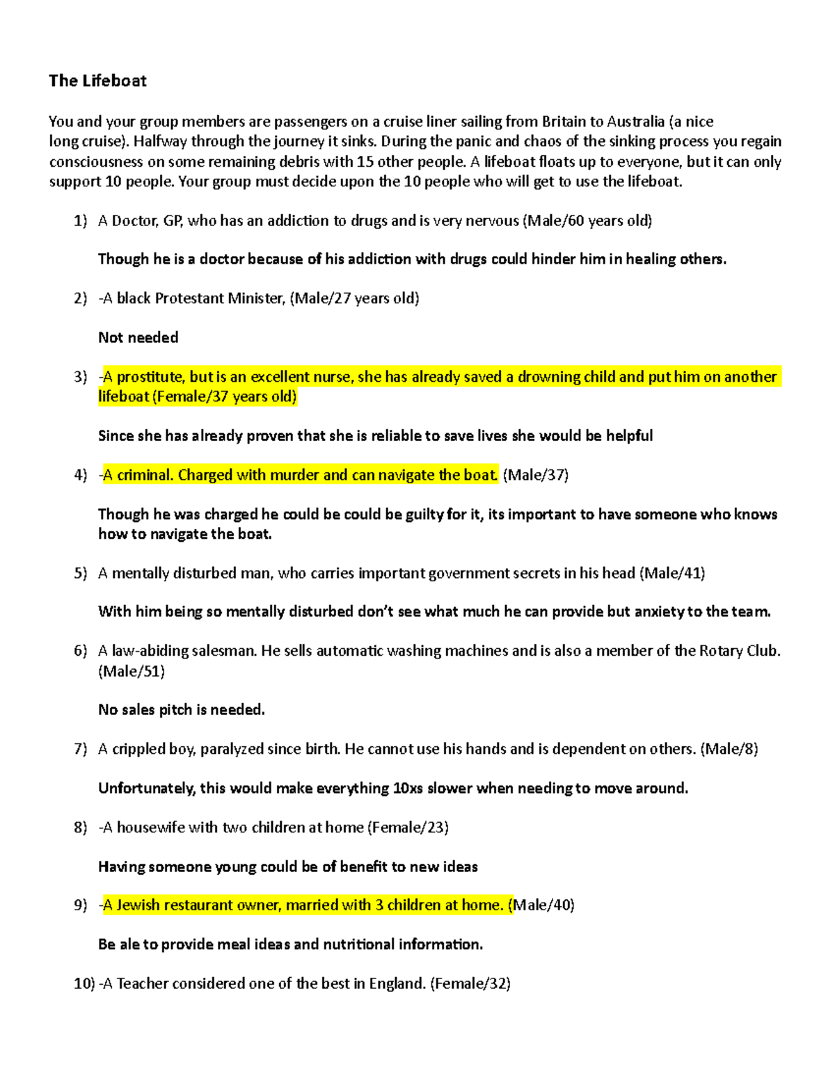 Lifeboat Ethical Dilemma - Group Assignment for Course XYZ123 - Studocu