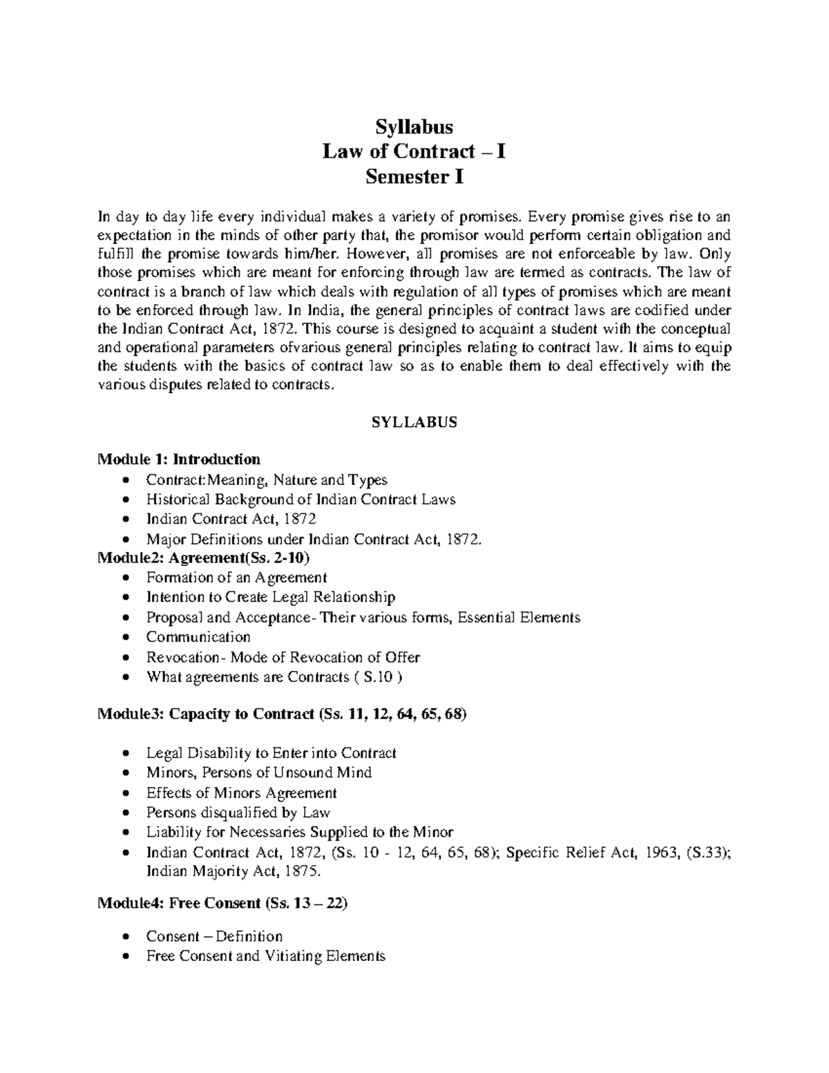 Law of Contract I Syllabus - Semester I Overview and Course Modules ...