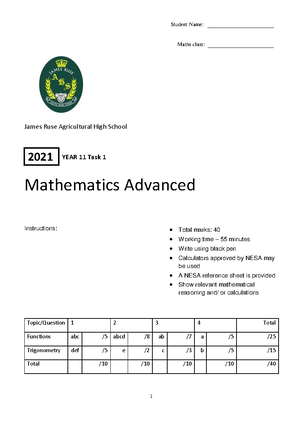 Sydney Boys 2022 task 1 - math task 1 test yr11 - SYDNEY BOYS HIGH ...