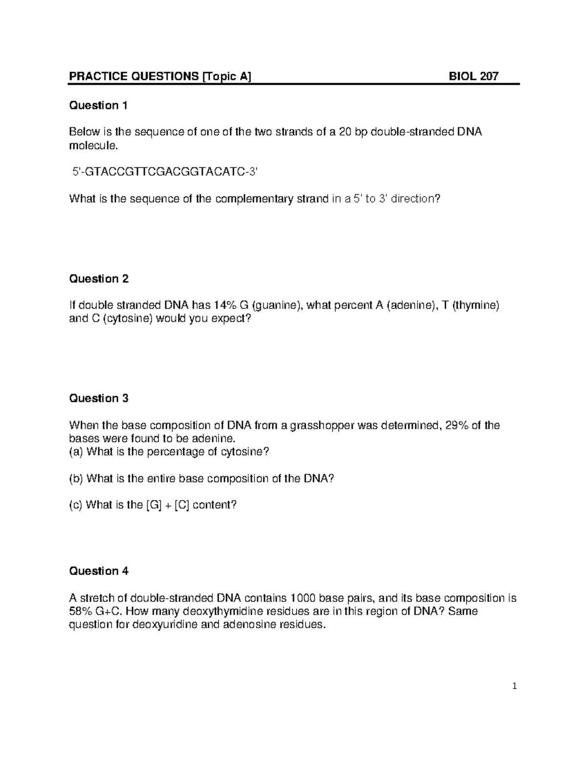 PRACTICE QUESTIONS BIOL 207: DNA Structure & Replication - Studocu