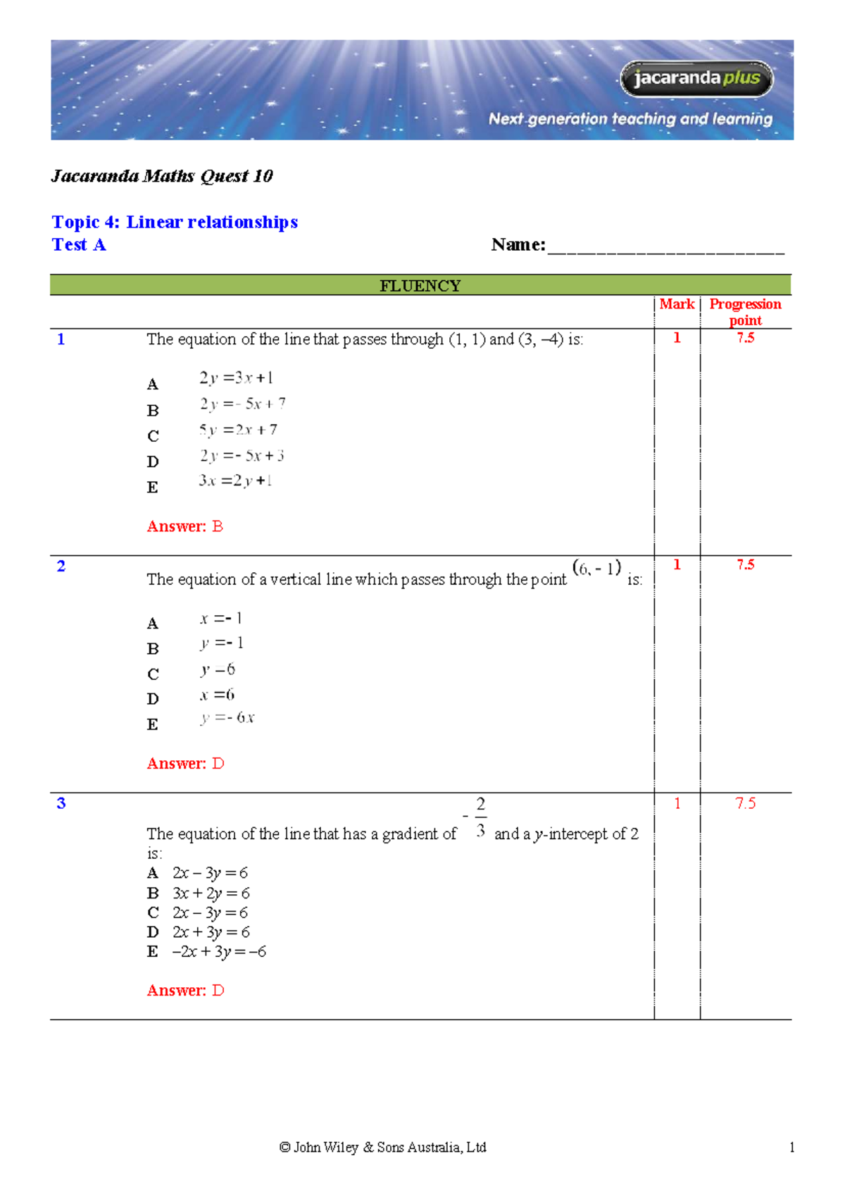 Maths Quest 10: Topic 4 Linear Relationships Test A Notes - Studocu
