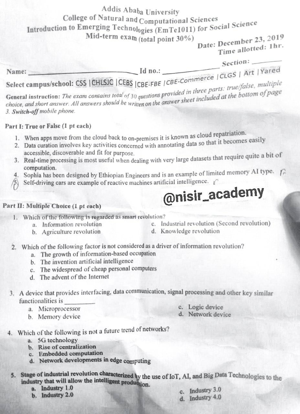 AAU EmTe1011 Mid Exam 2019: Introduction to Emerging Technologies - Studocu