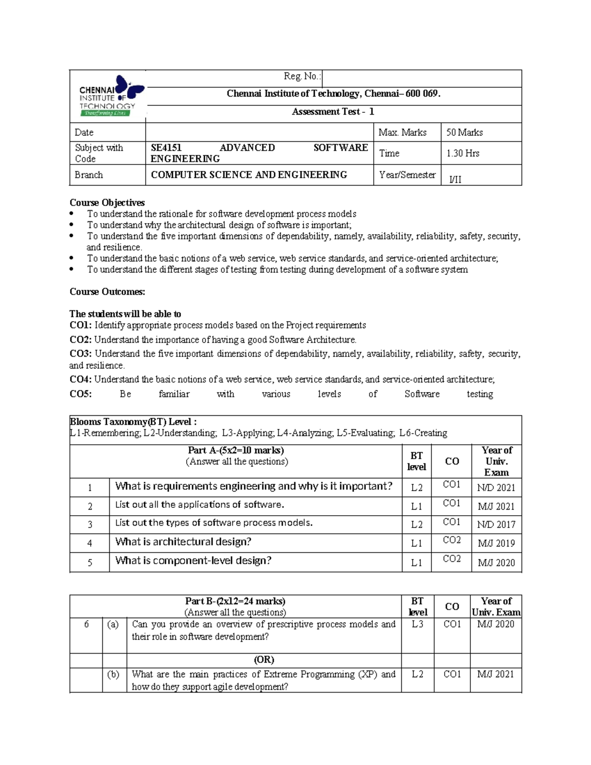 IA1 Question Paper - SE4151 Advanced Software Engineering Test - Studocu