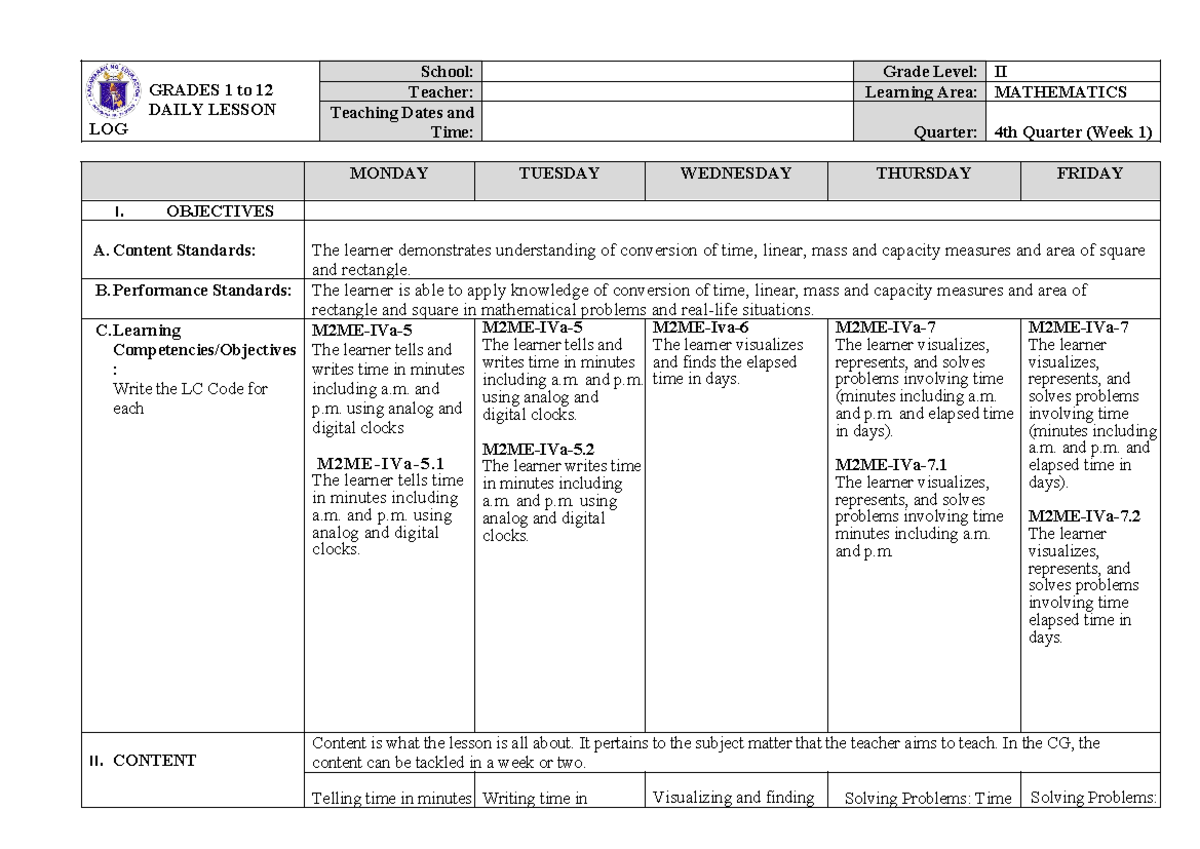 Math 2 Q4 Week 1: Daily Lesson Log on Time and Measurement Concepts ...