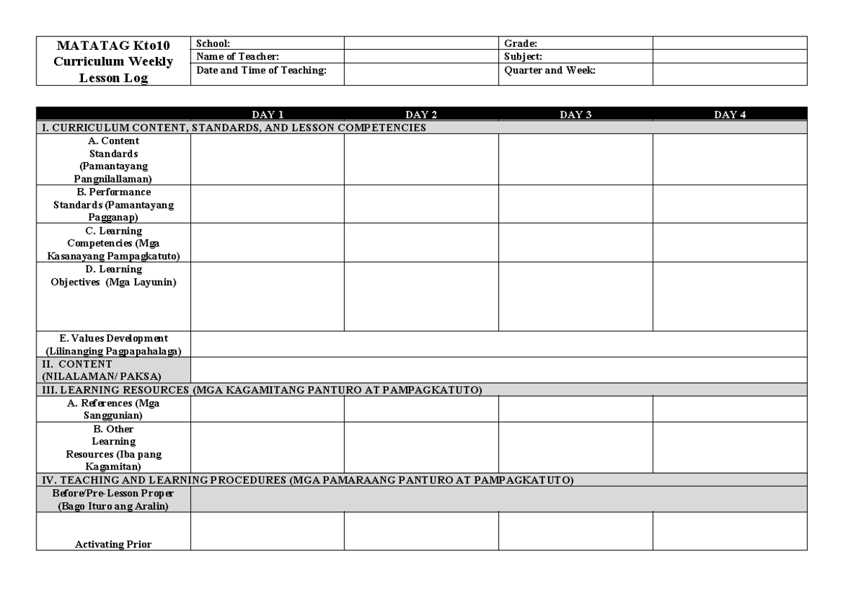 Kto10 Weekly Lesson Log Template - MATATAG Curriculum - Studocu