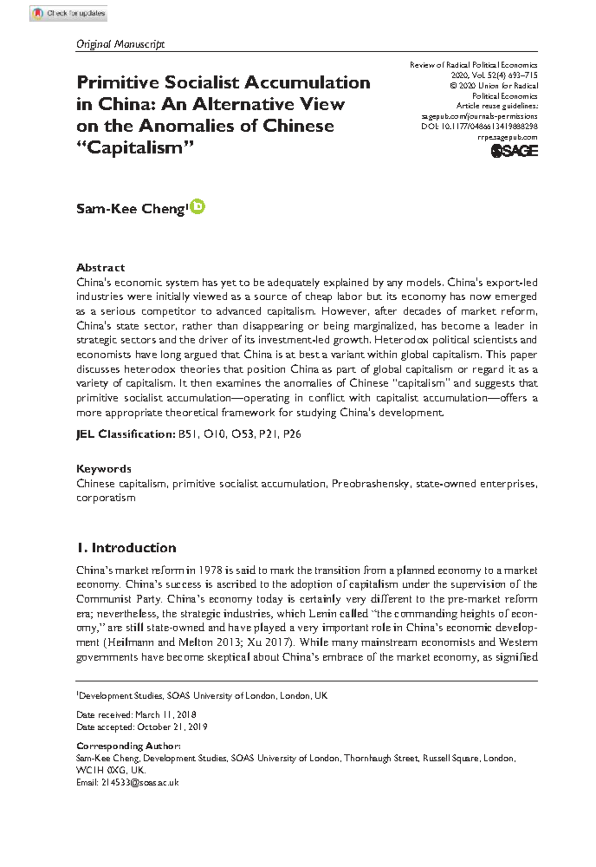Cheng 2020: Primitive Socialist Accumulation in China and Capitalism ...
