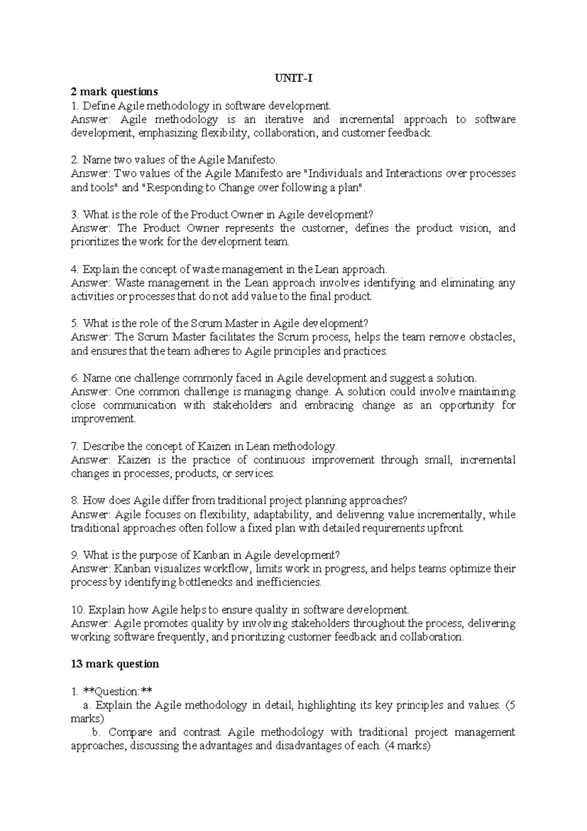 Agile Methodology (III Units) Question Bank for Software Dev. Studies ...