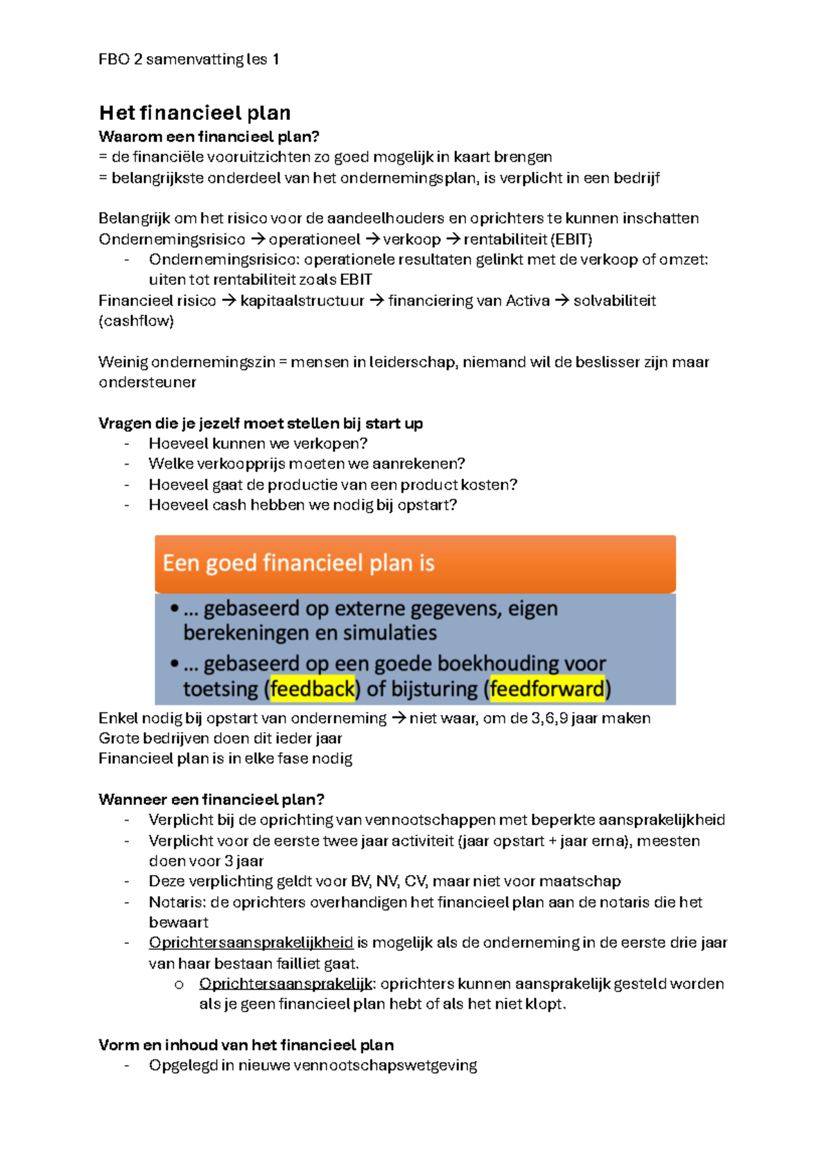 FBO 2 Samenvatting Les 1-4: Het Financieel Plan en Budgettering - Studocu
