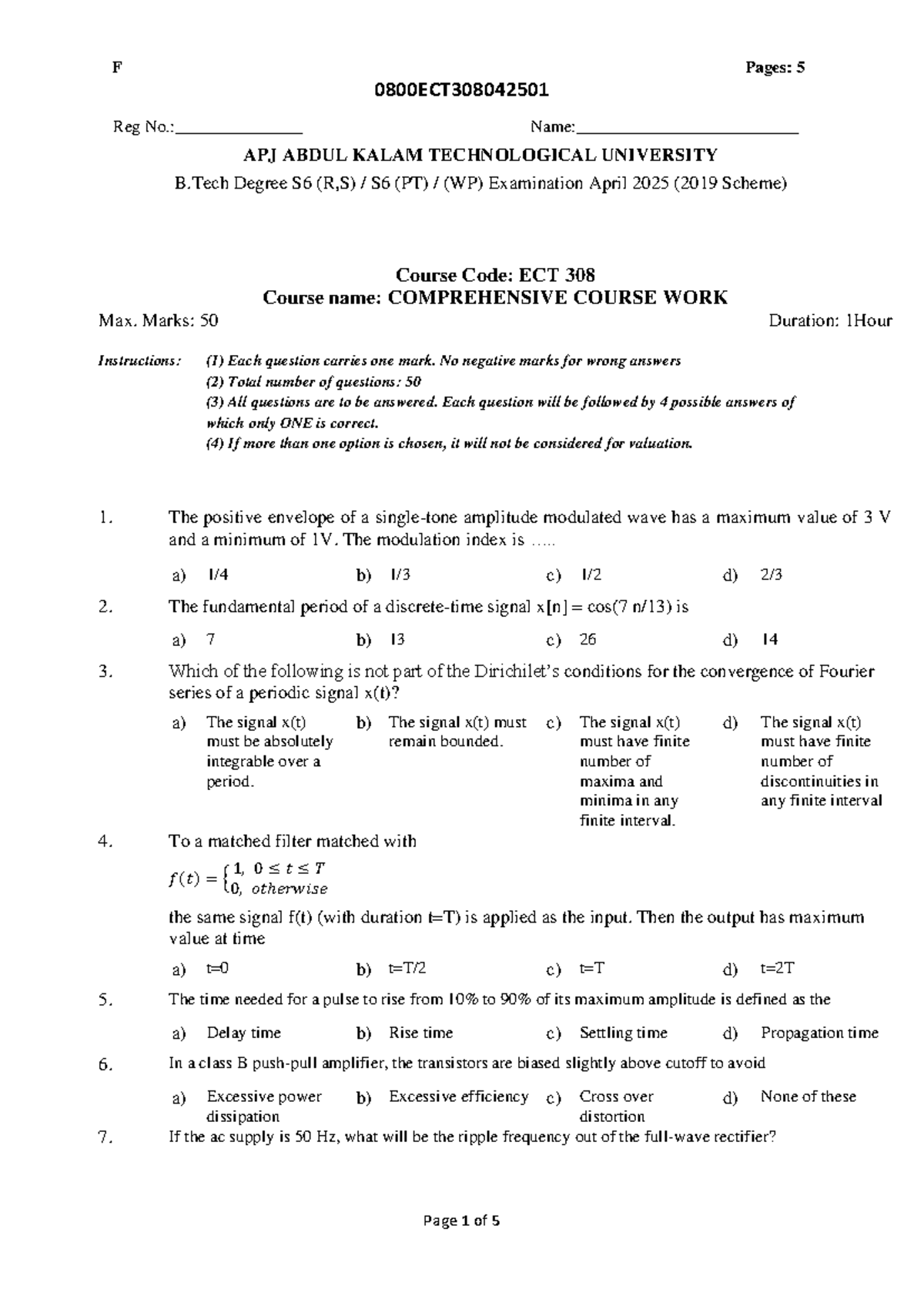 ECT 308 - Comprehensive Question Paper for April 2025 Exam - Studocu