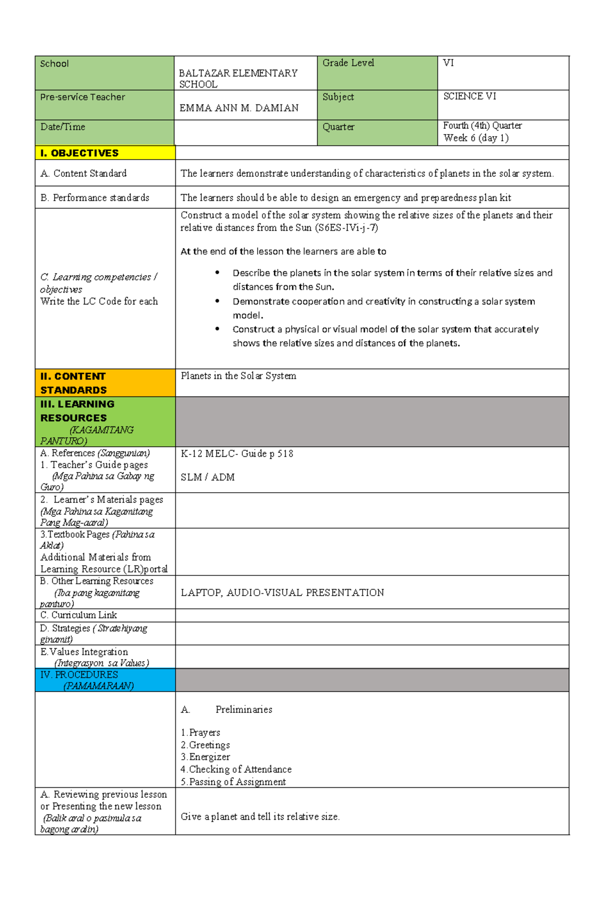 Grade VI Science Lesson Plan: Solar System Model (4th Quarter, Week 6 ...