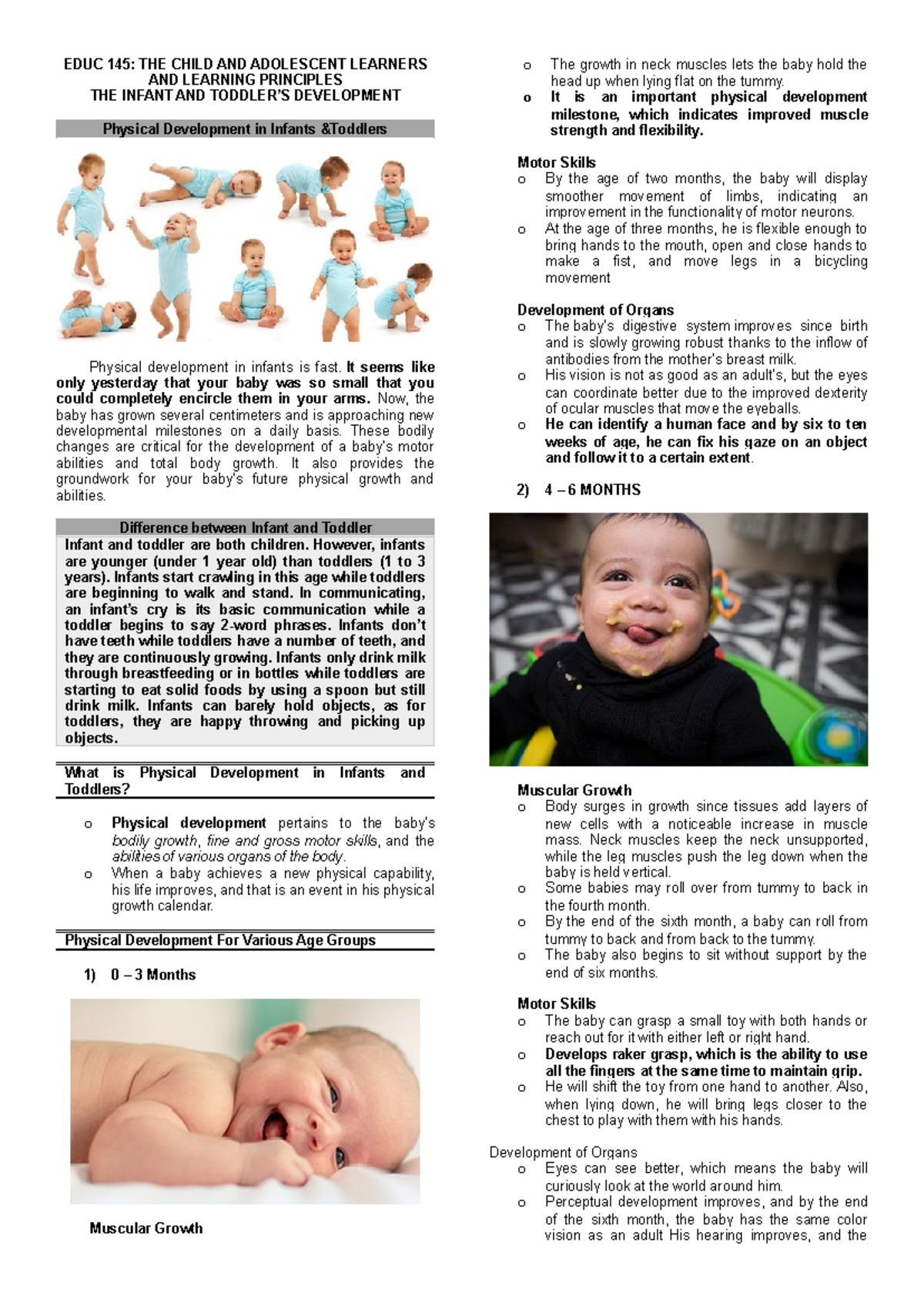 EDUC 145: Physical Development in Infants and Toddlers - Studocu