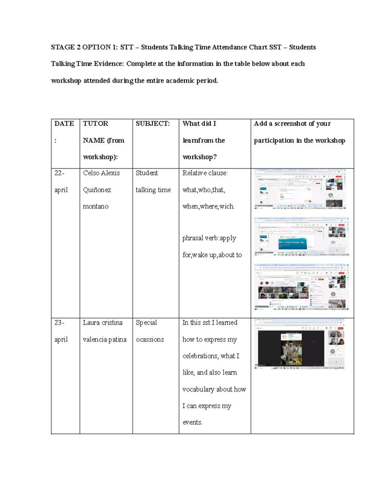 STT Attendance Chart & Evidence: Stage 2 Option 1 - Studocu