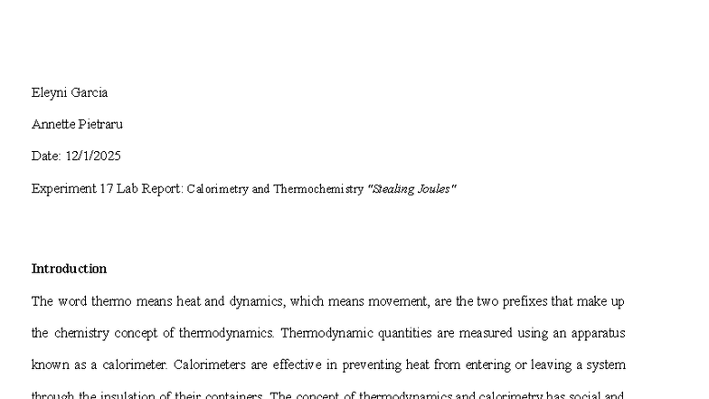 CHEM 106 Lab Report: Experiment 17 - Calorimetry & Thermochemistry ...