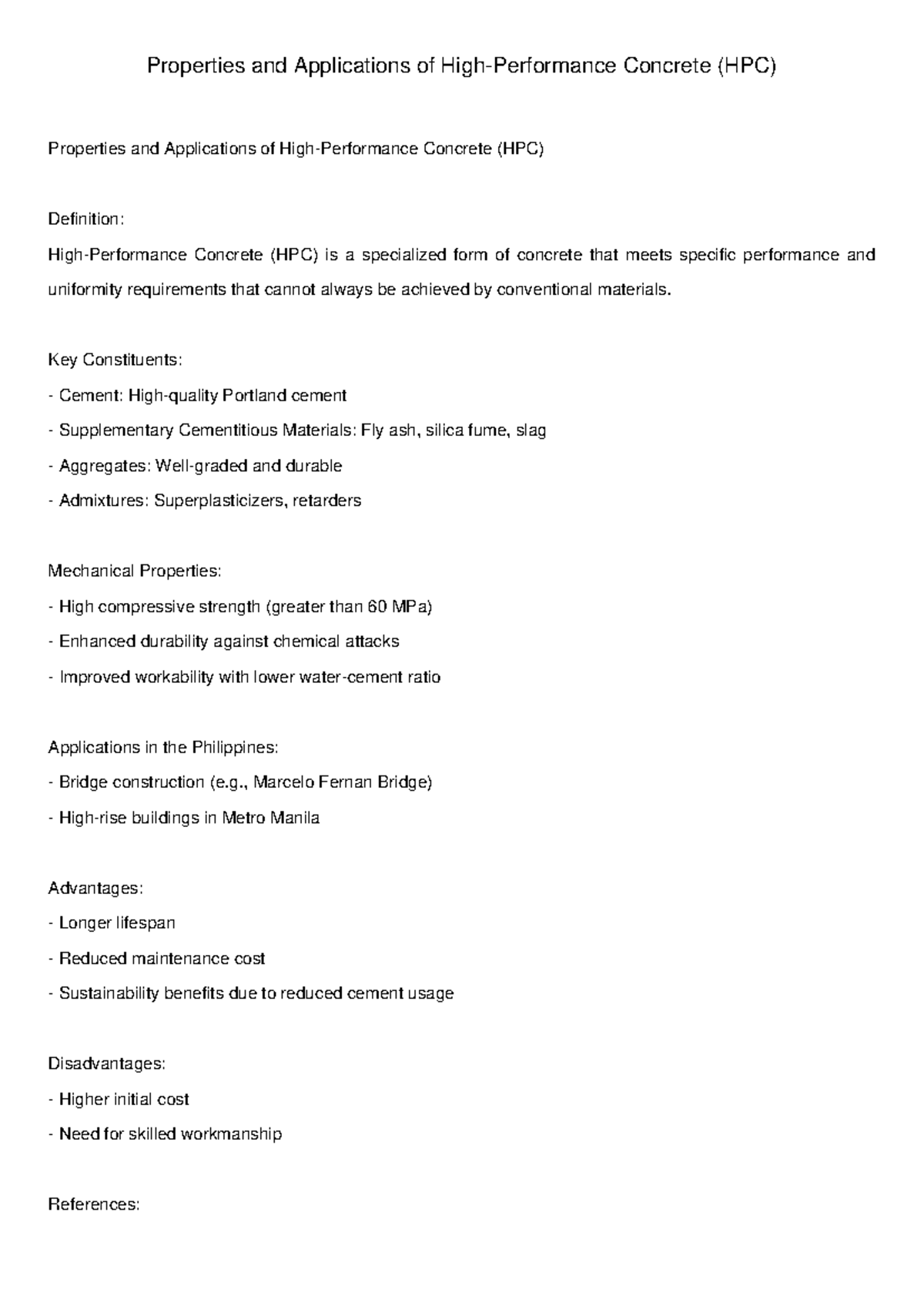 Properties and Applications of High Performance Concrete (HPC) - Studocu