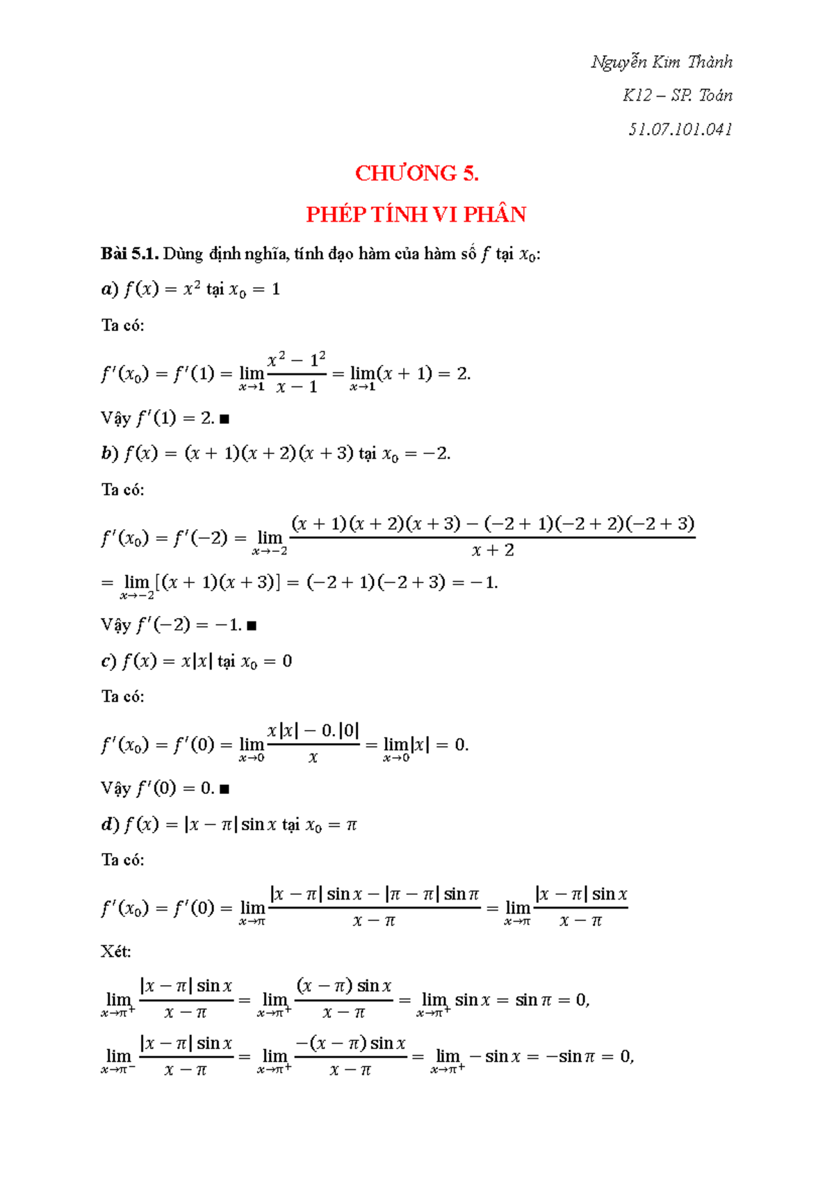 Nguyễn Kim Thành K12 SP. Toán 51.07.101.041 CHƯƠNG 5: PHÉP TÍNH VI PHÂN ...