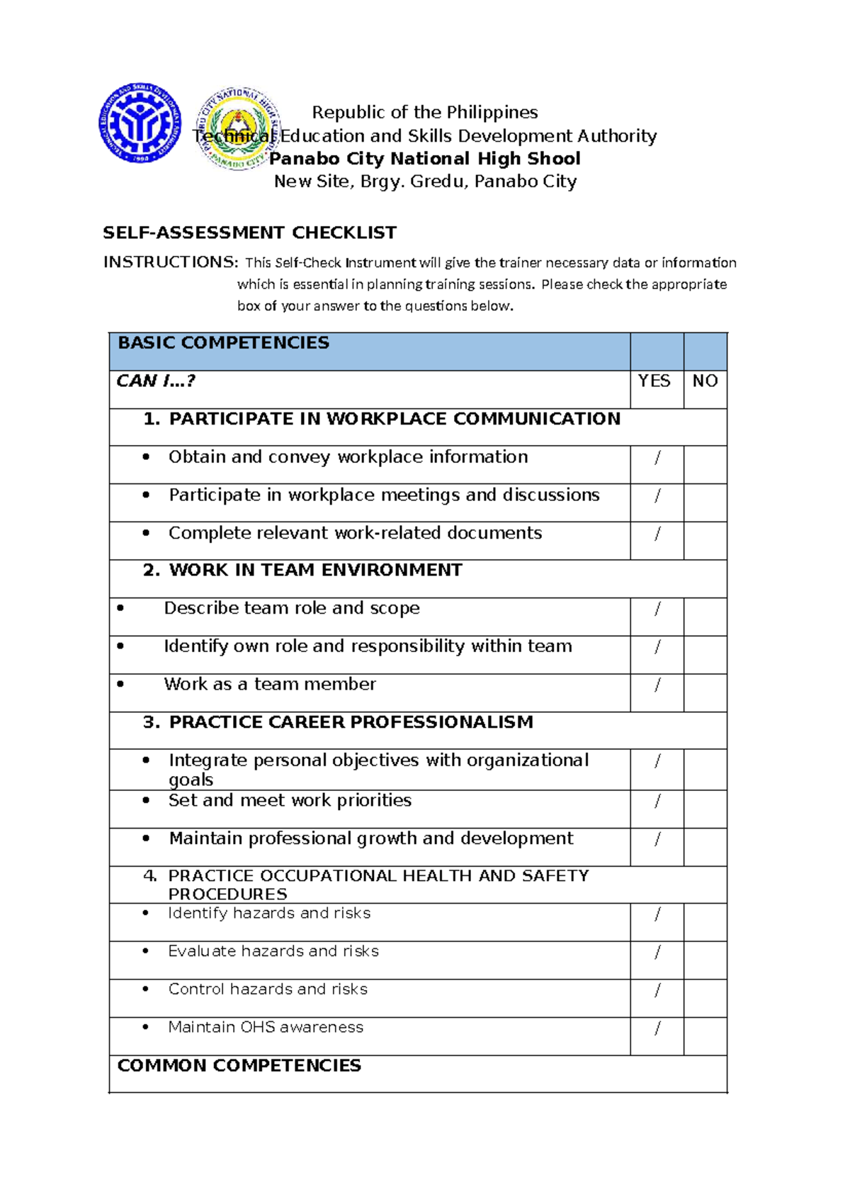 Self-Assessment Checklist for CSS NC II Competencies - Studocu