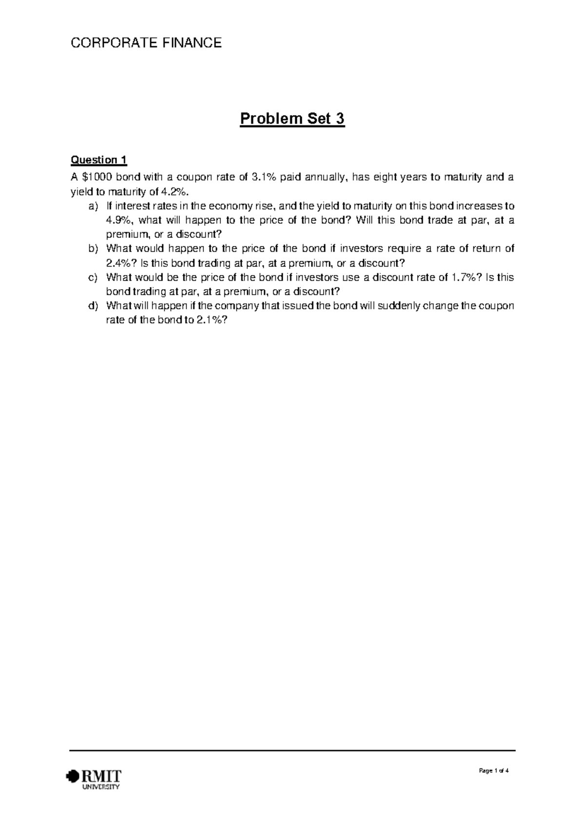 CORPORATE FINANCE Problem Set 3: Bond Valuation and Analysis - Studocu