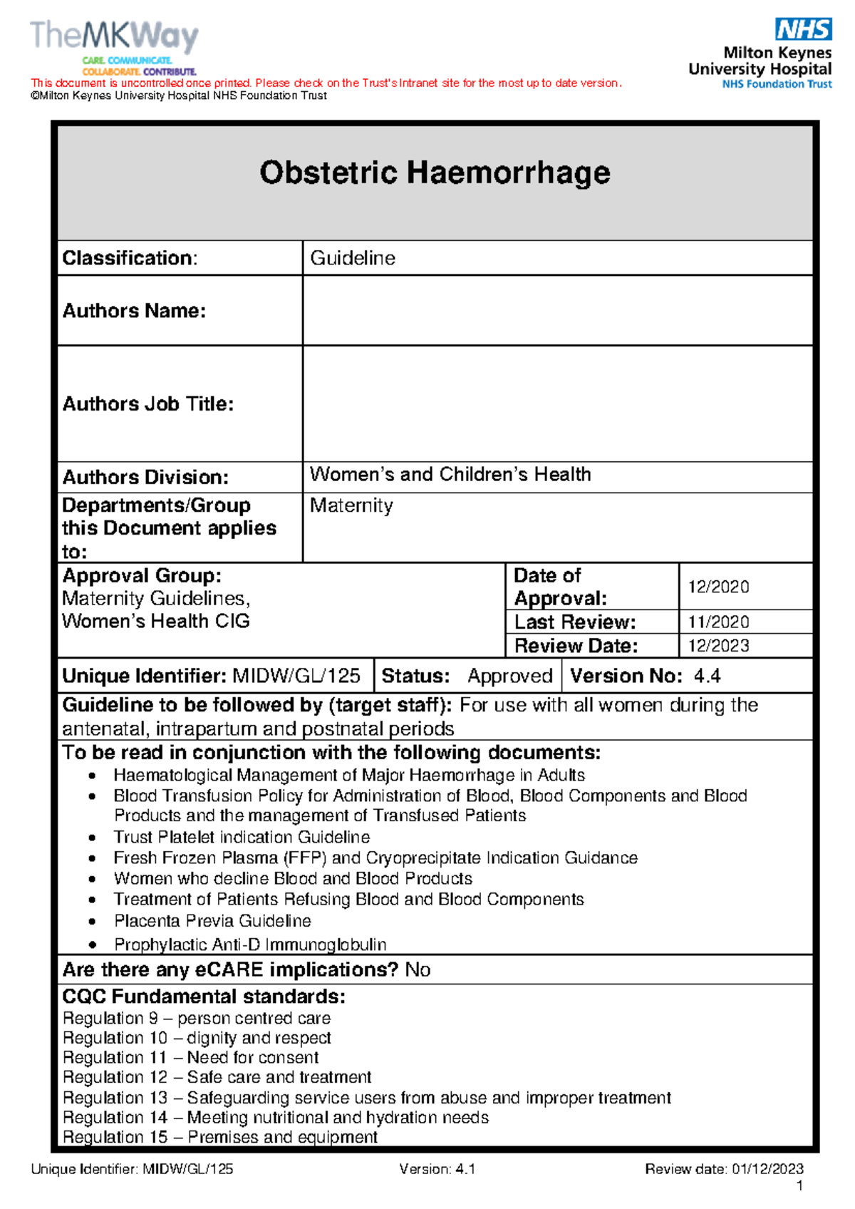 Major Haemorrhaging Obstetric Haemorrhage Guideline Response 7229 ...