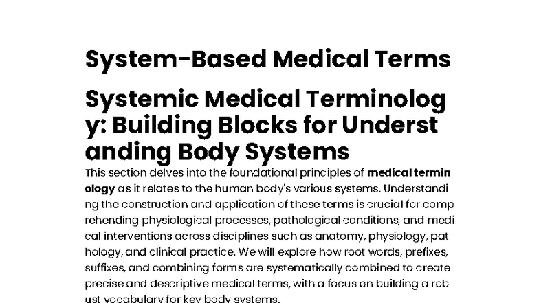 System-Based Medical Terminology: Understanding Body Systems - Studocu