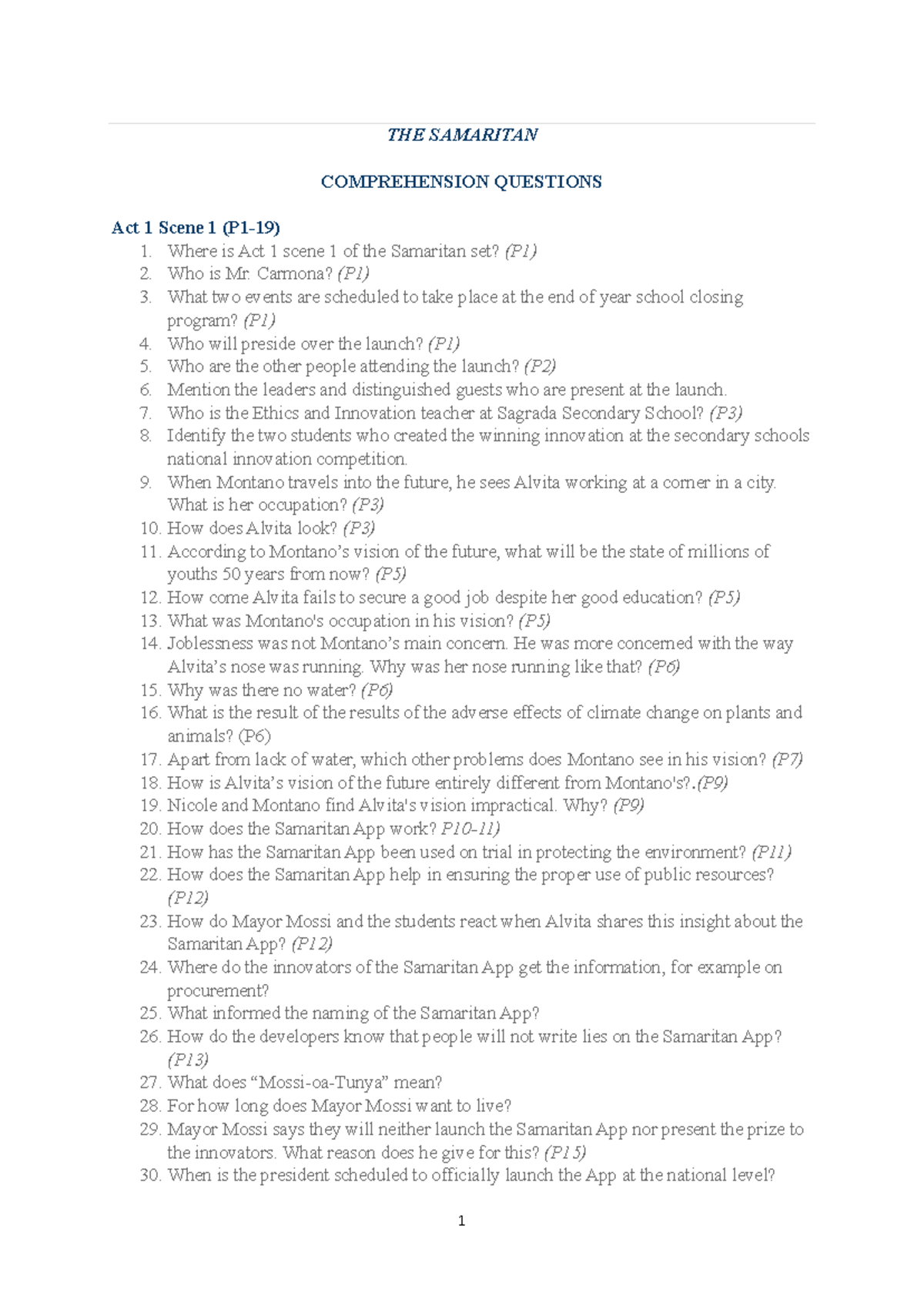 Comprehension Questions for "The Samaritan" (Acts 1-4) - Studocu