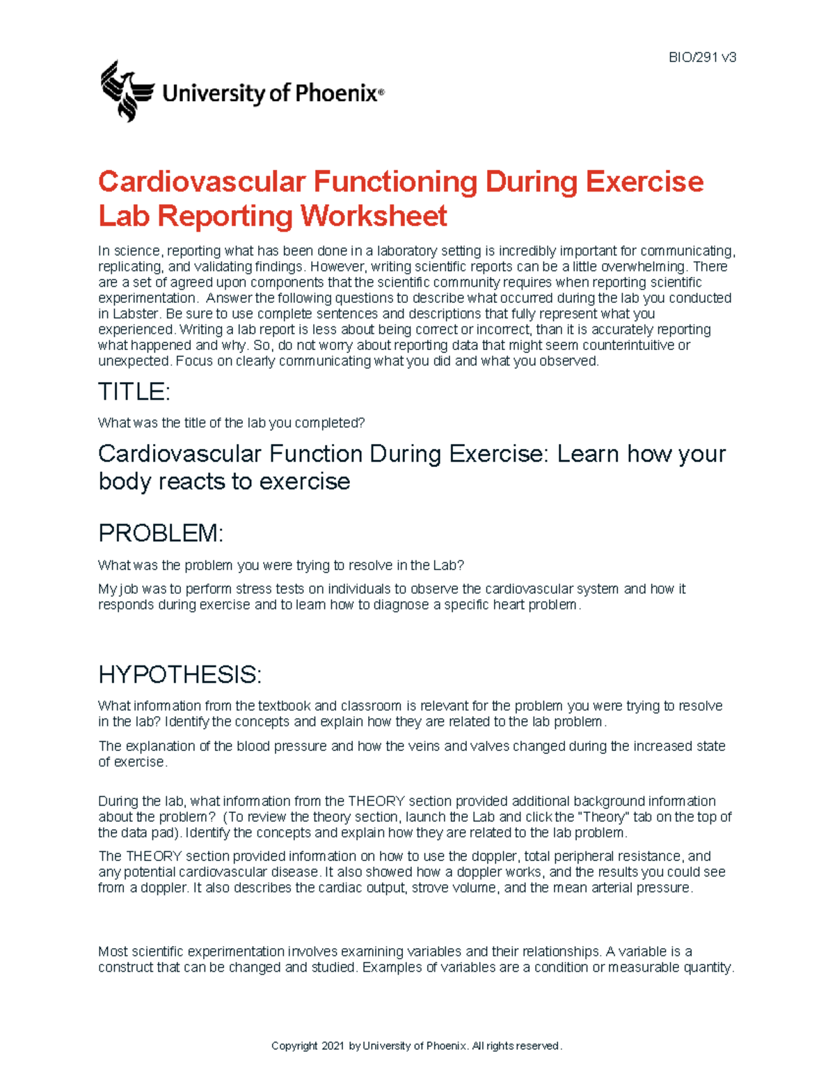 BIO/291 v Week 2 Lab Report: Cardiovascular Function During Exercise ...