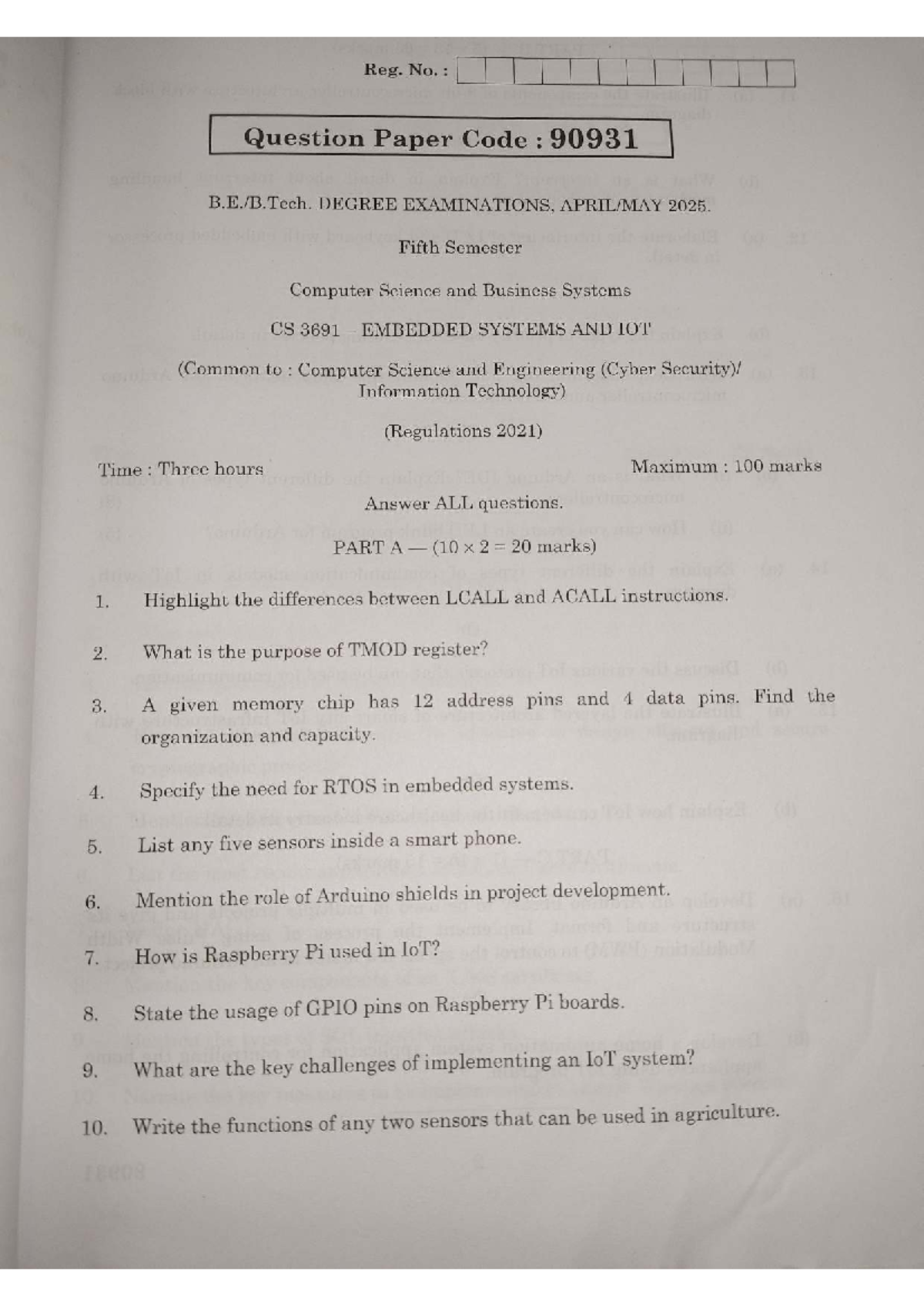 CS3691 Final Exam Question Paper - Embedded Systems & IoT 2025 - Studocu
