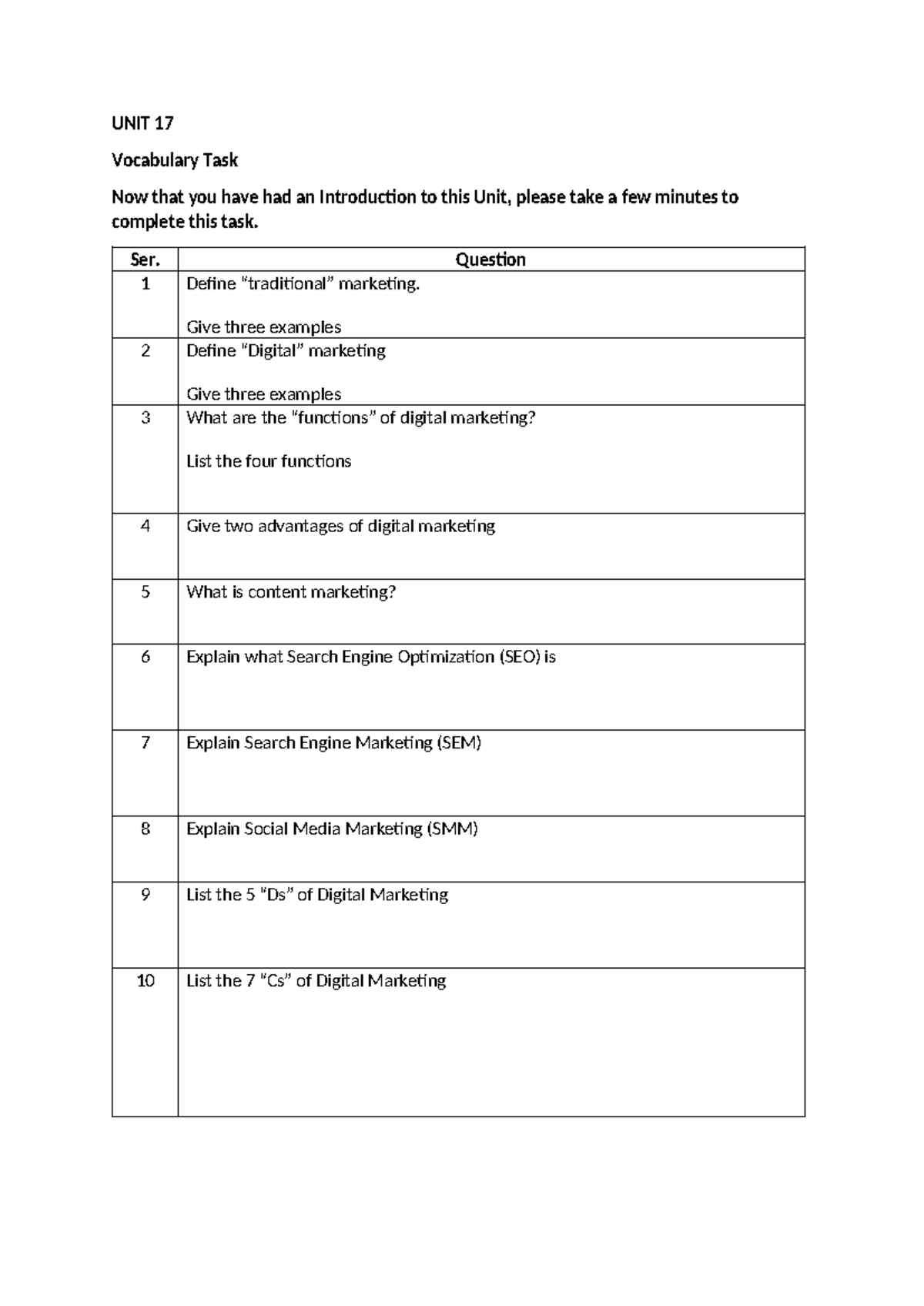 UNIT 17 Vocabulary Task - UNIT 17 Vocabulary Task Now that you have had ...