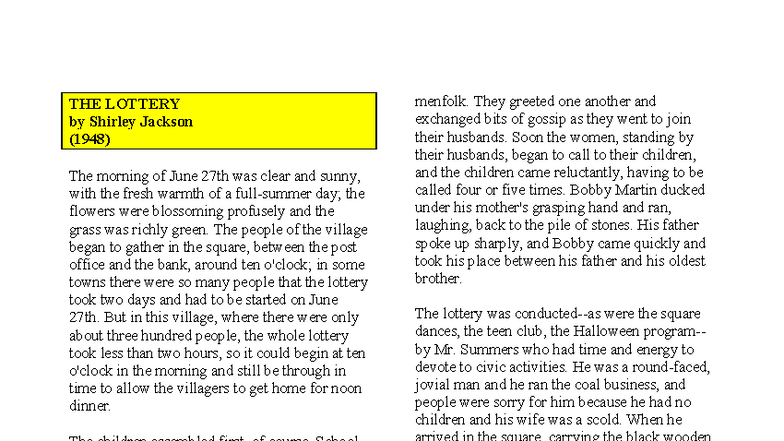 19-20 AP Lit Summer Reading: "The Lottery" & "I Stand Here Ironing ...