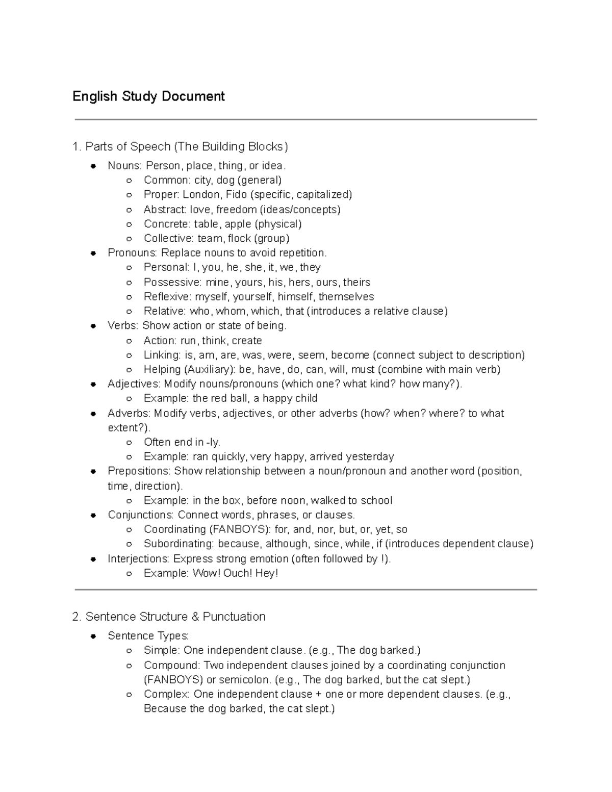 English Grammar Study Guide: Parts of Speech & Sentence Structure - Studocu