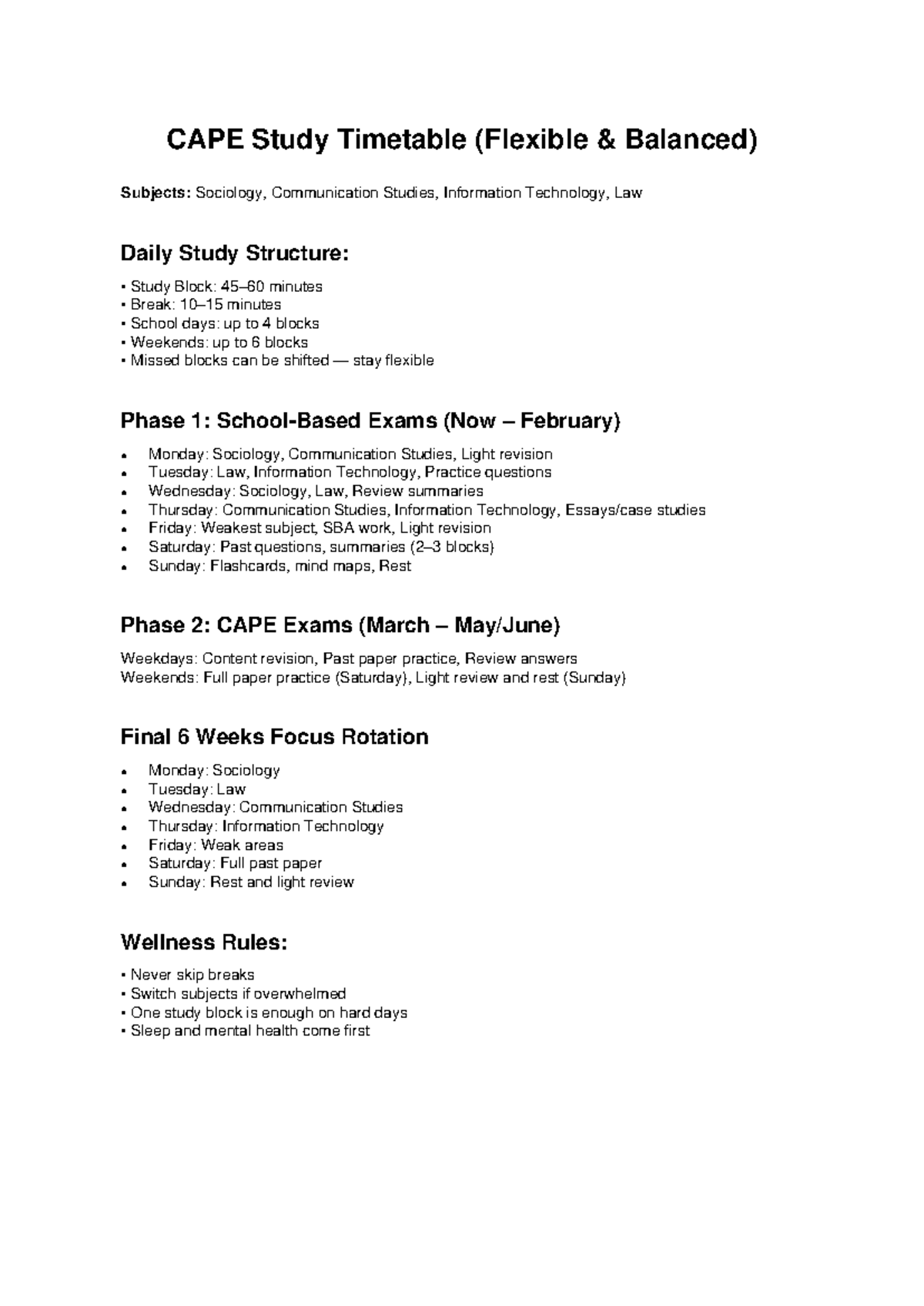 CAPE Study Timetable: Flexible Exam Prep for Sociology, Comm, IT, Law ...